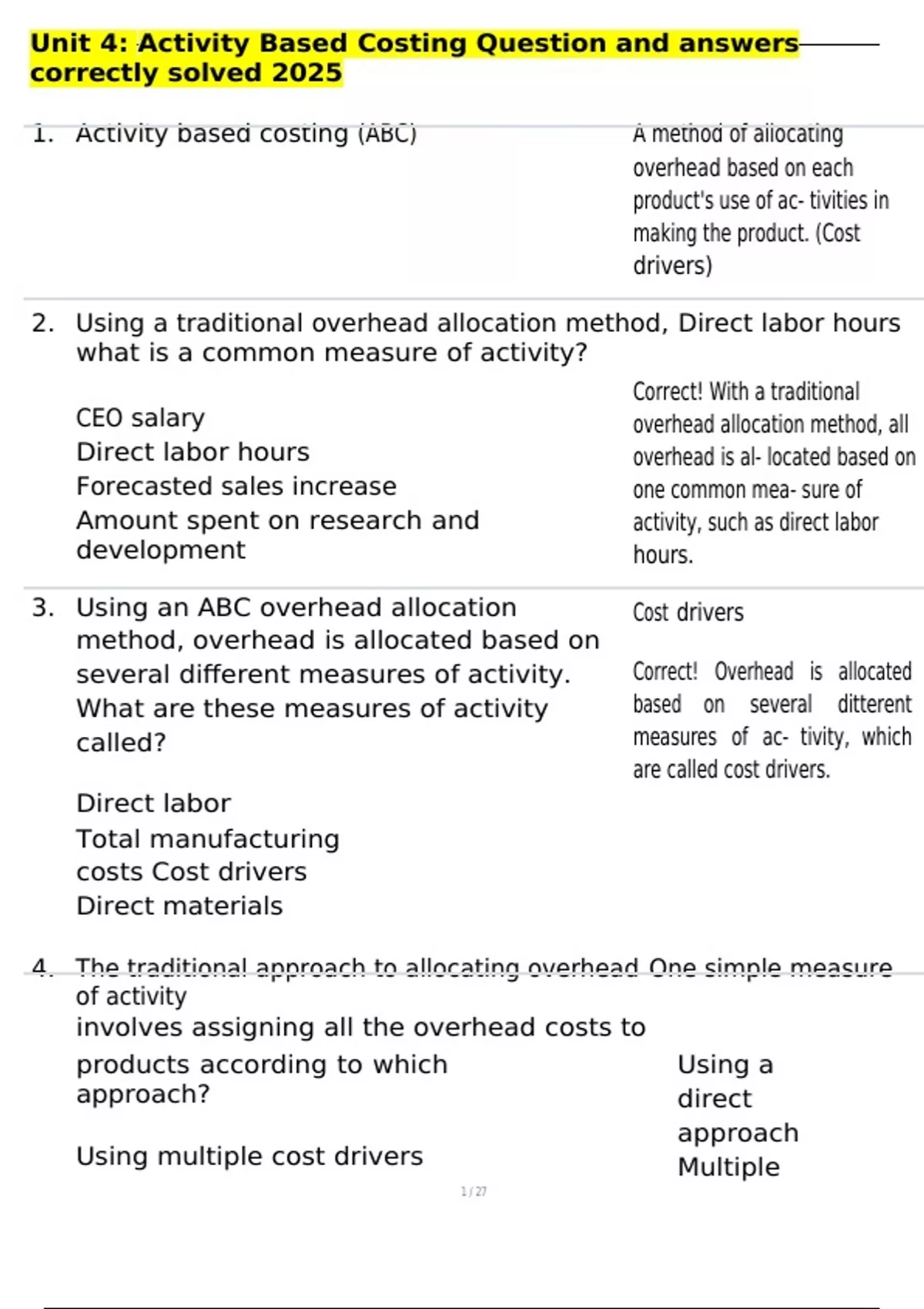Unit 4: Activity Based Costing Question and answers correctly solved 2025 - Unit 4: Activity ...