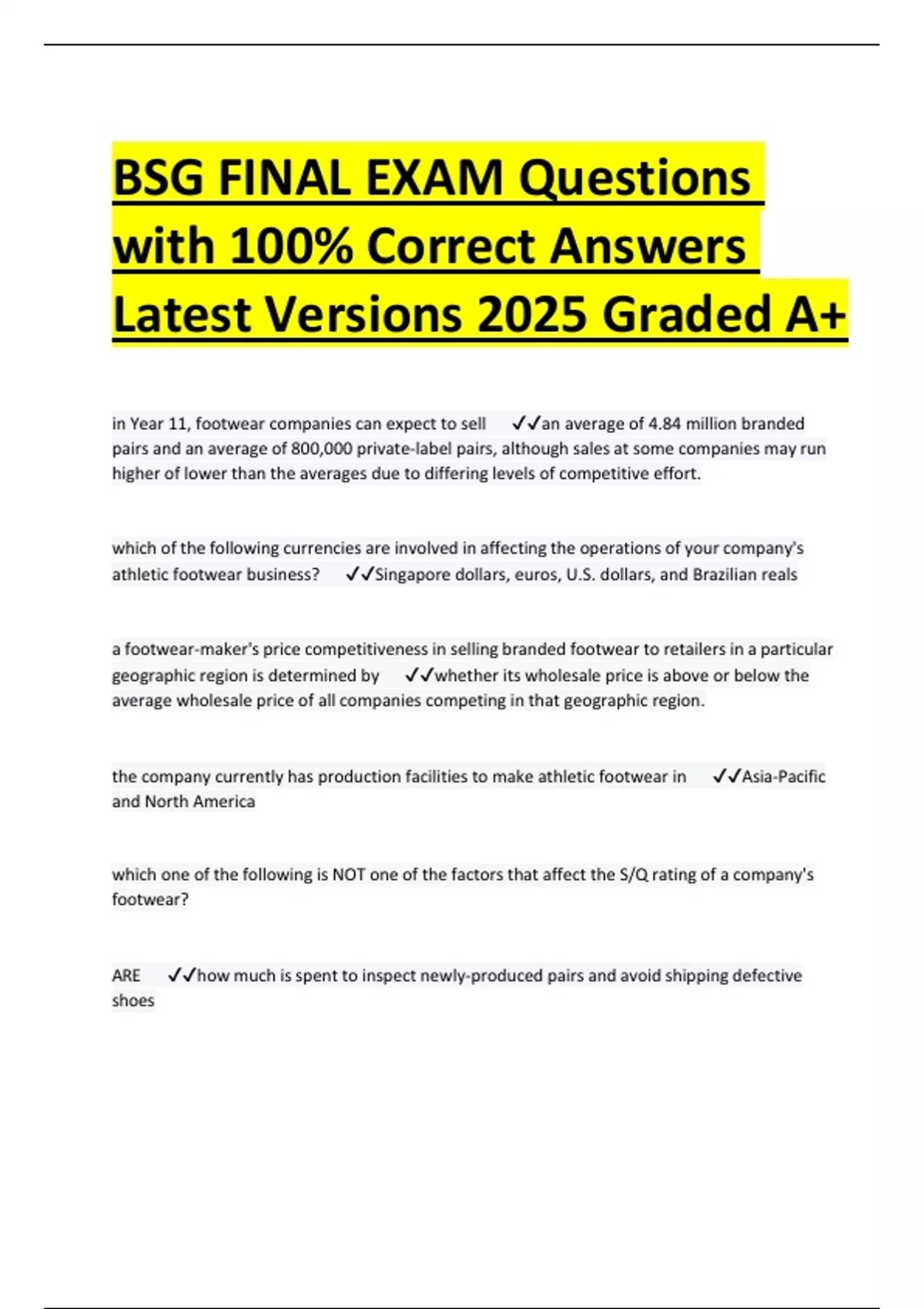 BSG FINAL EXAM Questions with 100- Correct Answers Latest Versions 2025 ...
