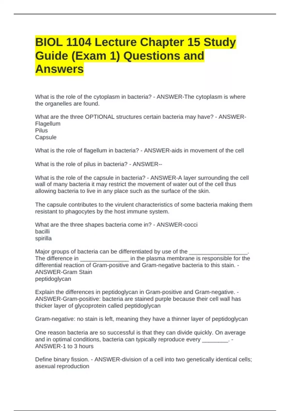 BIOL 1104 Lecture Chapter 15 Study Guide (Exam 1) Questions and Answers ...