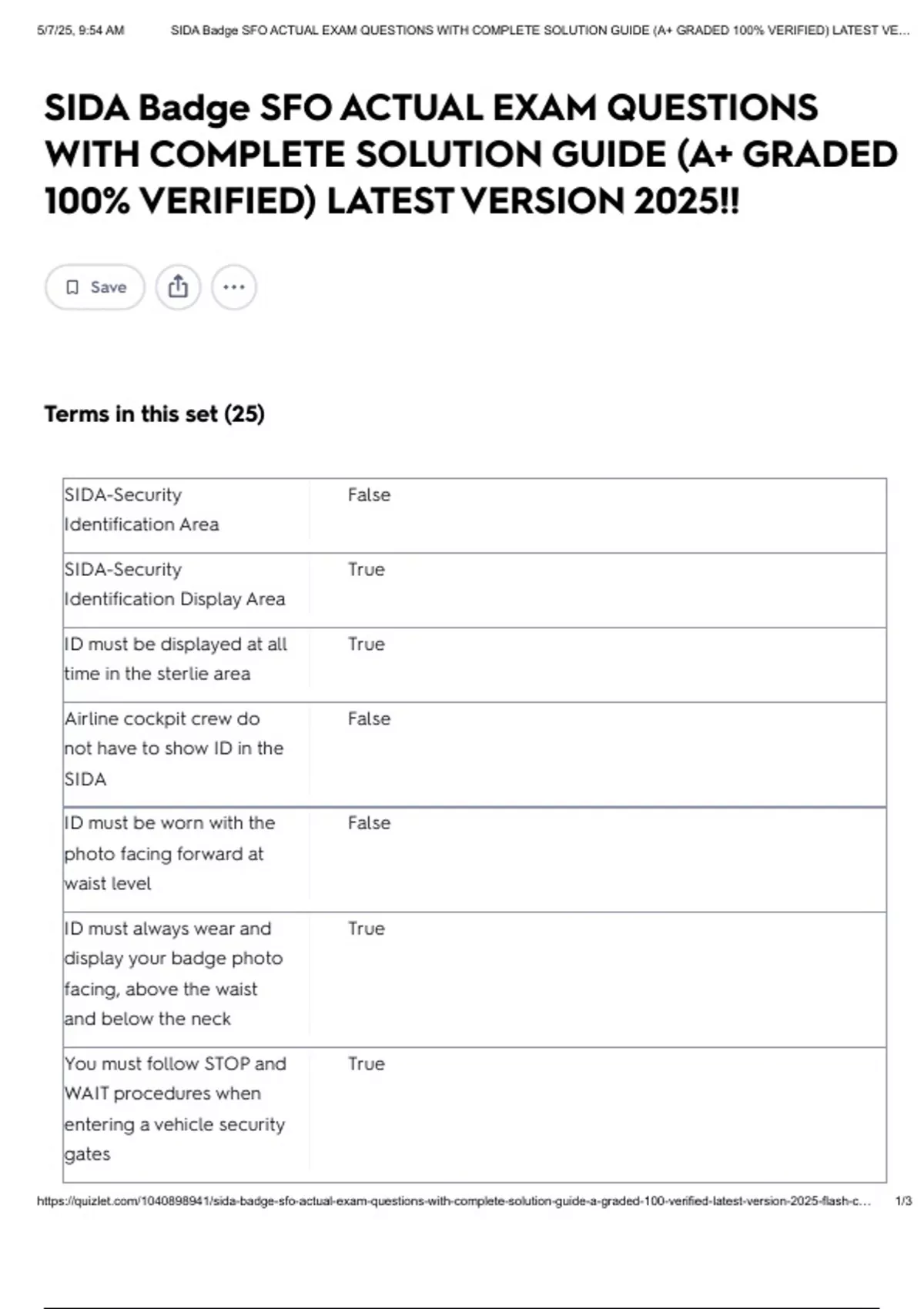 SIDA Badge SFO ACTUAL EXAM QUESTIONS WITH COMPLETE SOLUTION GUIDE (A+ ...