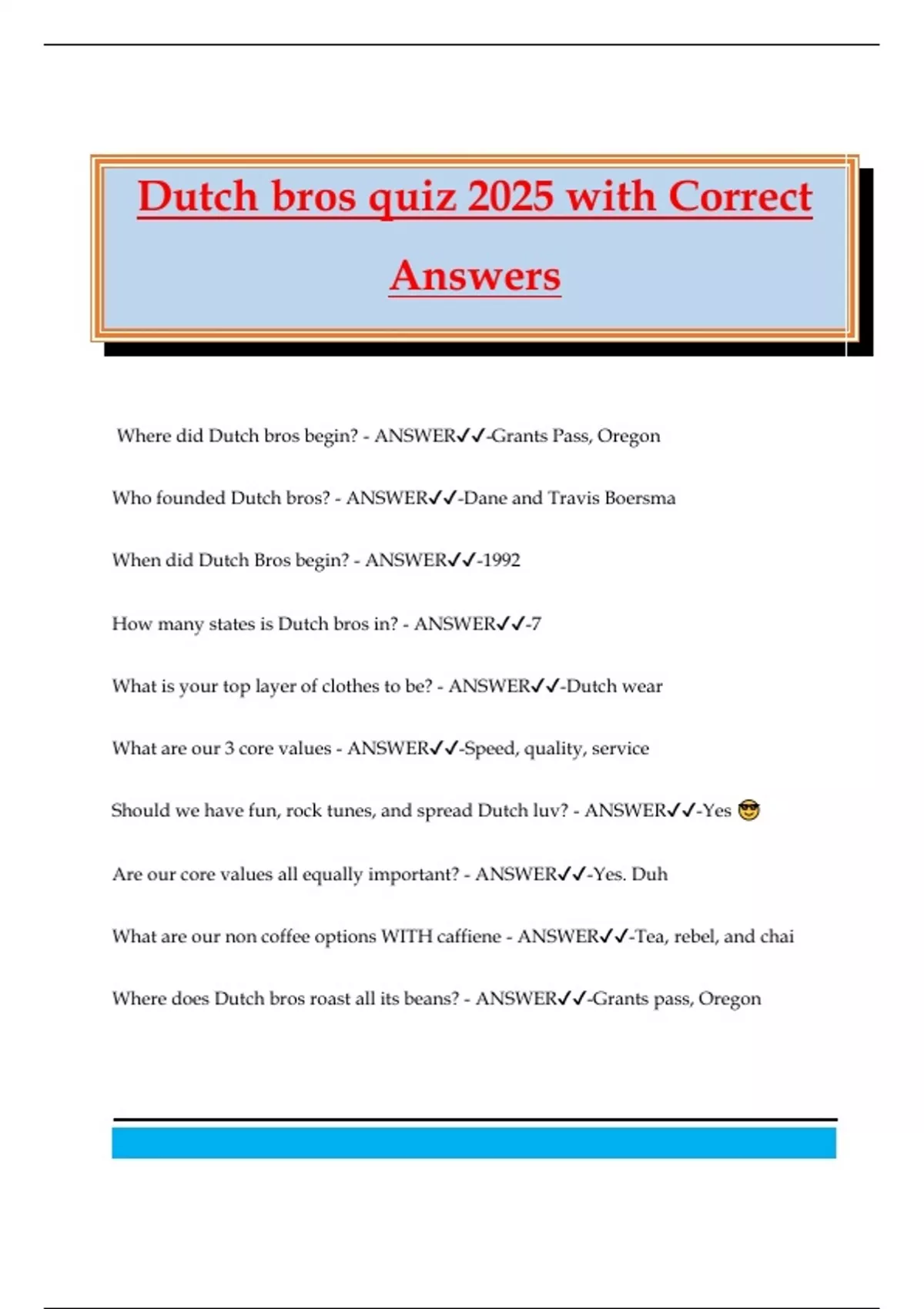 Dutch bros quiz 2025 with Correct Answers - Dutch Bros - Stuvia US