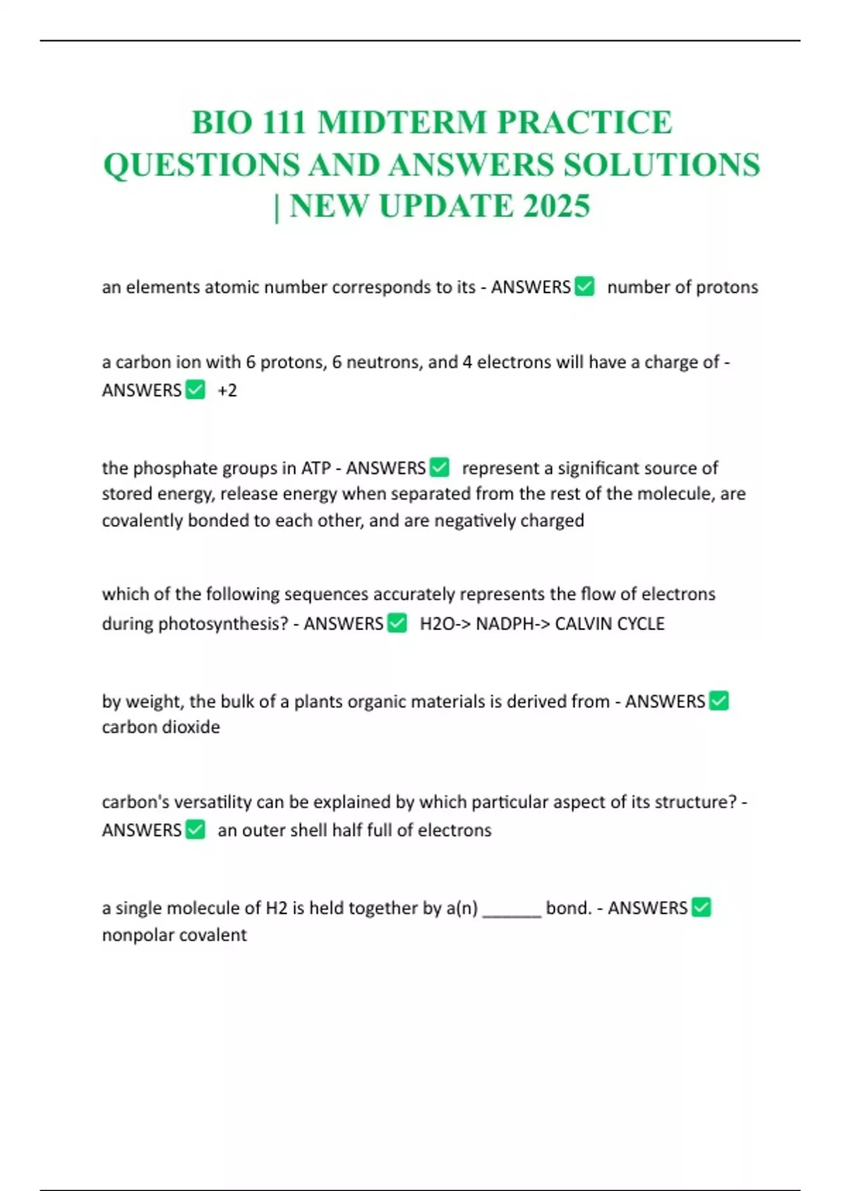BIO 111 MIDTERM PRACTICE QUESTIONS AND ANSWERS SOLUTIONS | NEW UPDATE 2025 - BIO 111 - Stuvia US