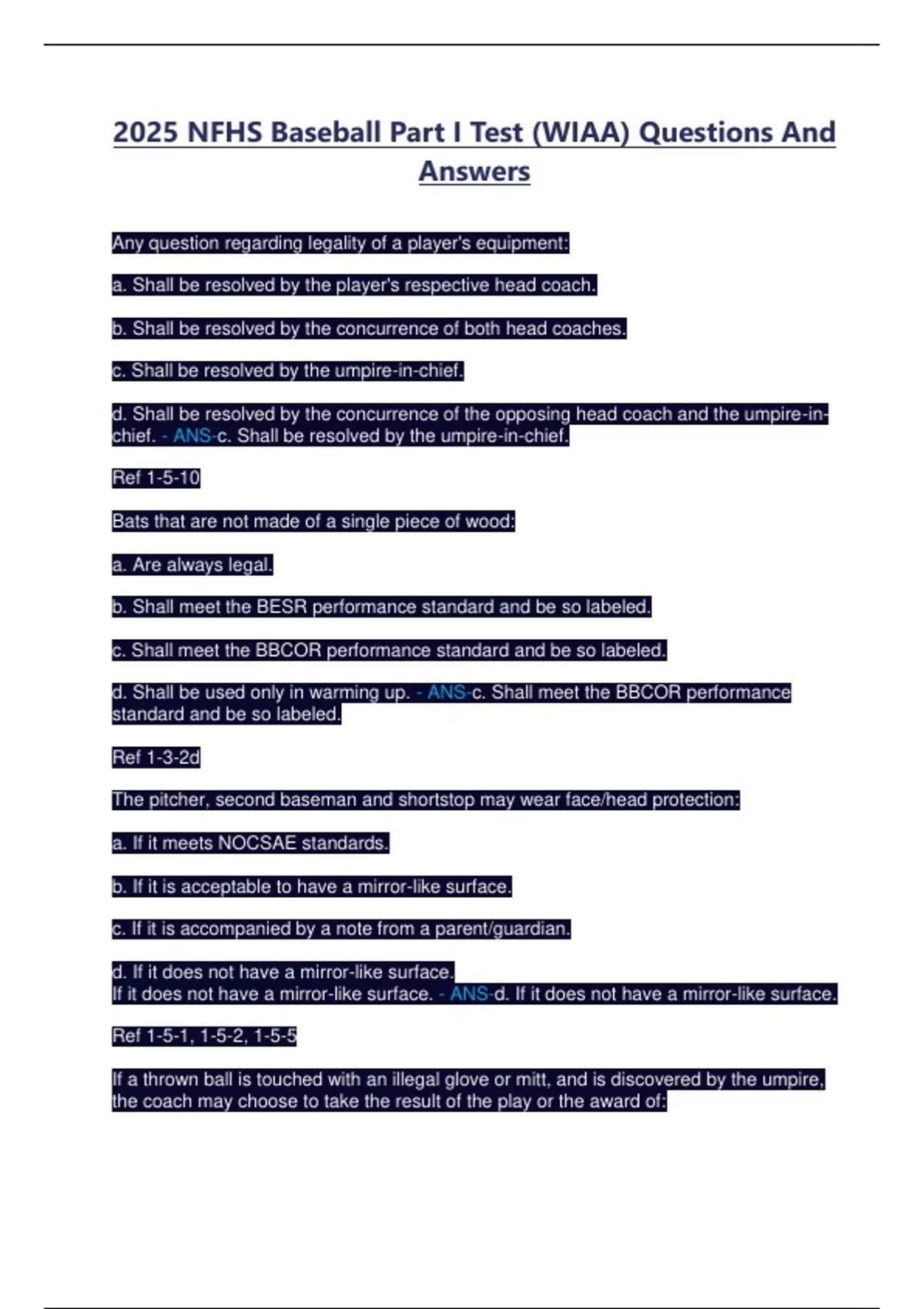 2025 NFHS Baseball Part I Test (WIAA) Questions And Answers - NFHS ...