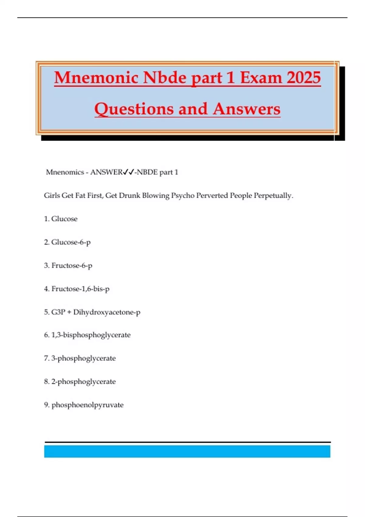 Mnemonic Nbde part 1 Exam 2025 Questions and Answers - NBDE - Stuvia US