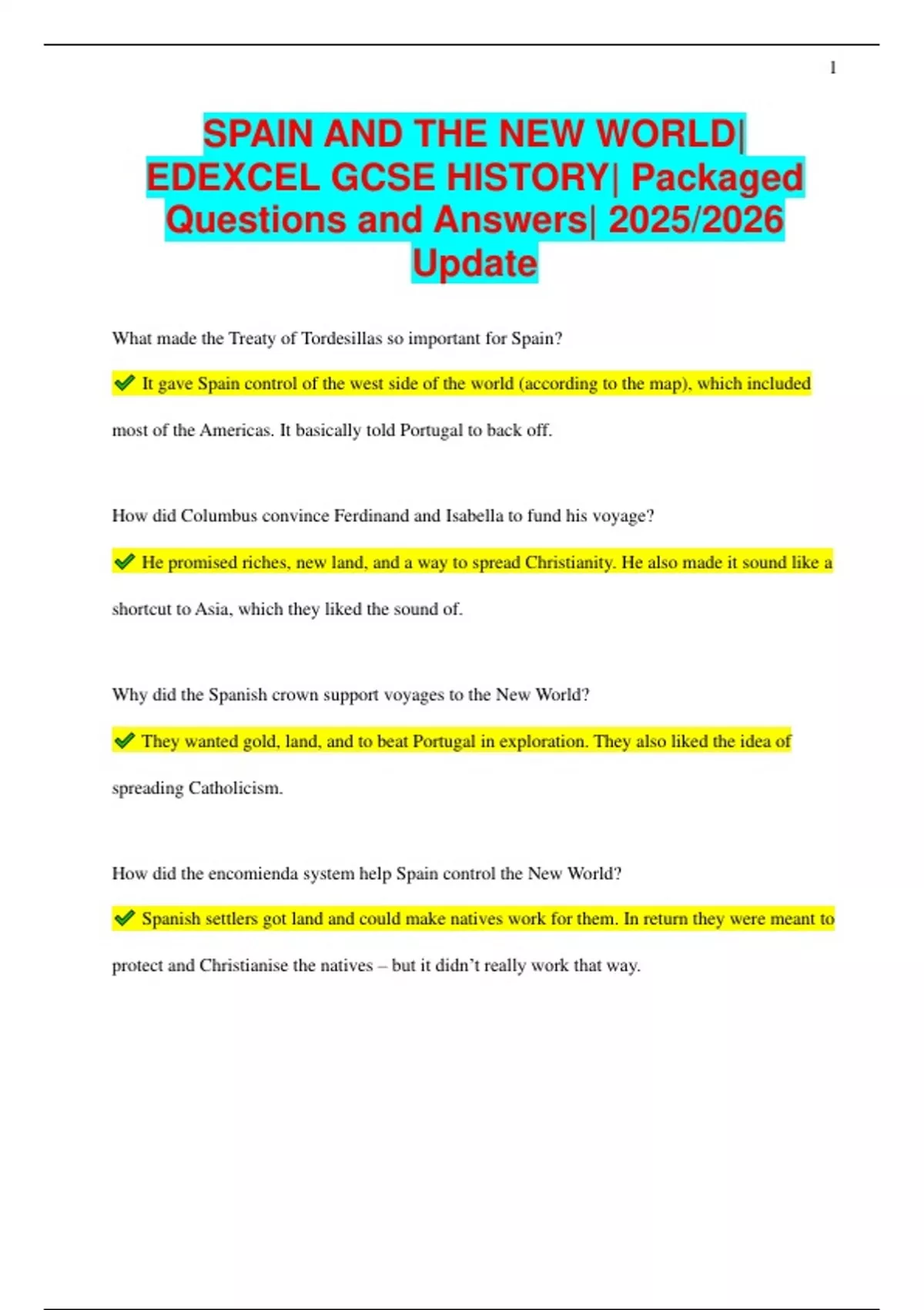 SPAIN AND THE NEW WORLD| EDEXCEL GCSE HISTORY| Packaged Questions and ...