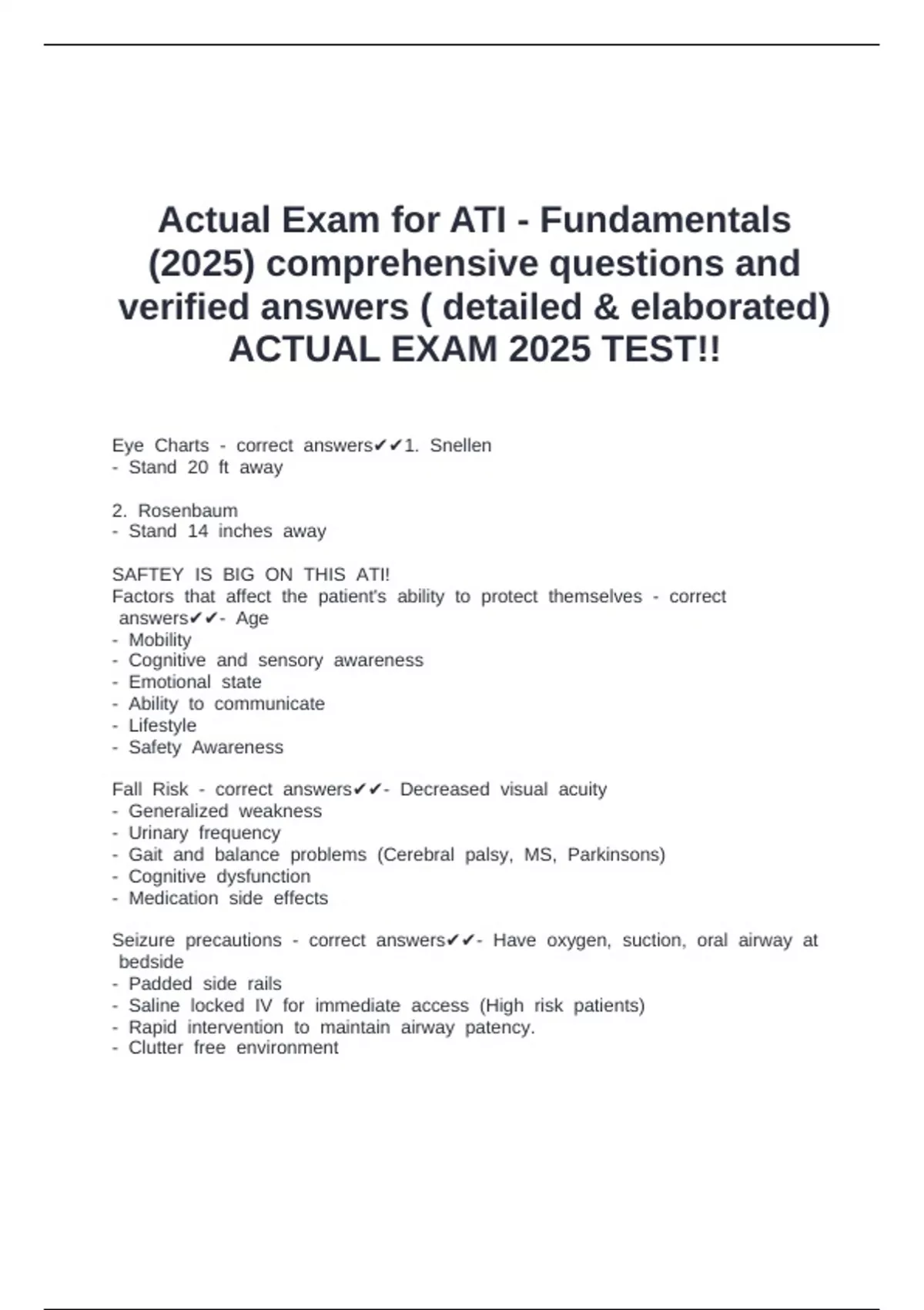 Actual Exam for ATI - Fundamentals (2025) comprehensive questions and verified answers ...