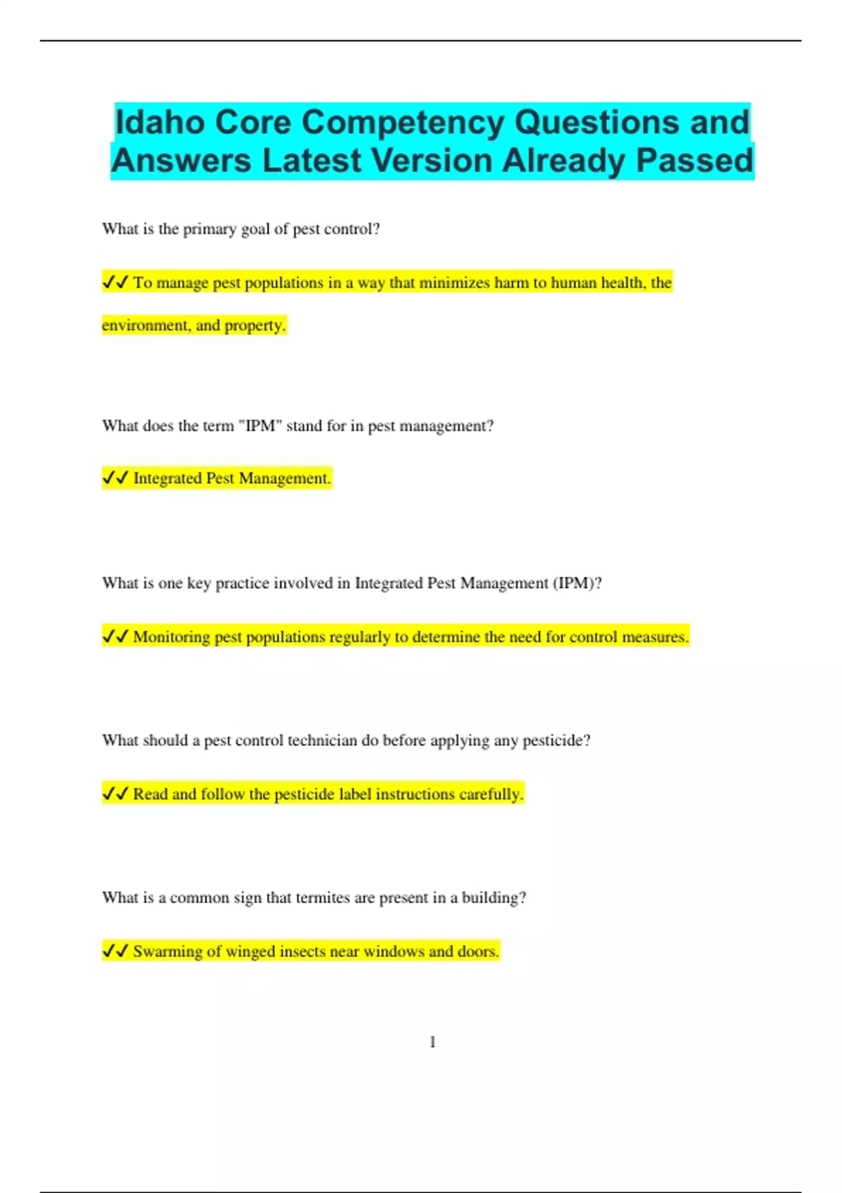 Idaho Core Competency Questions and Answers Latest Version Already ...