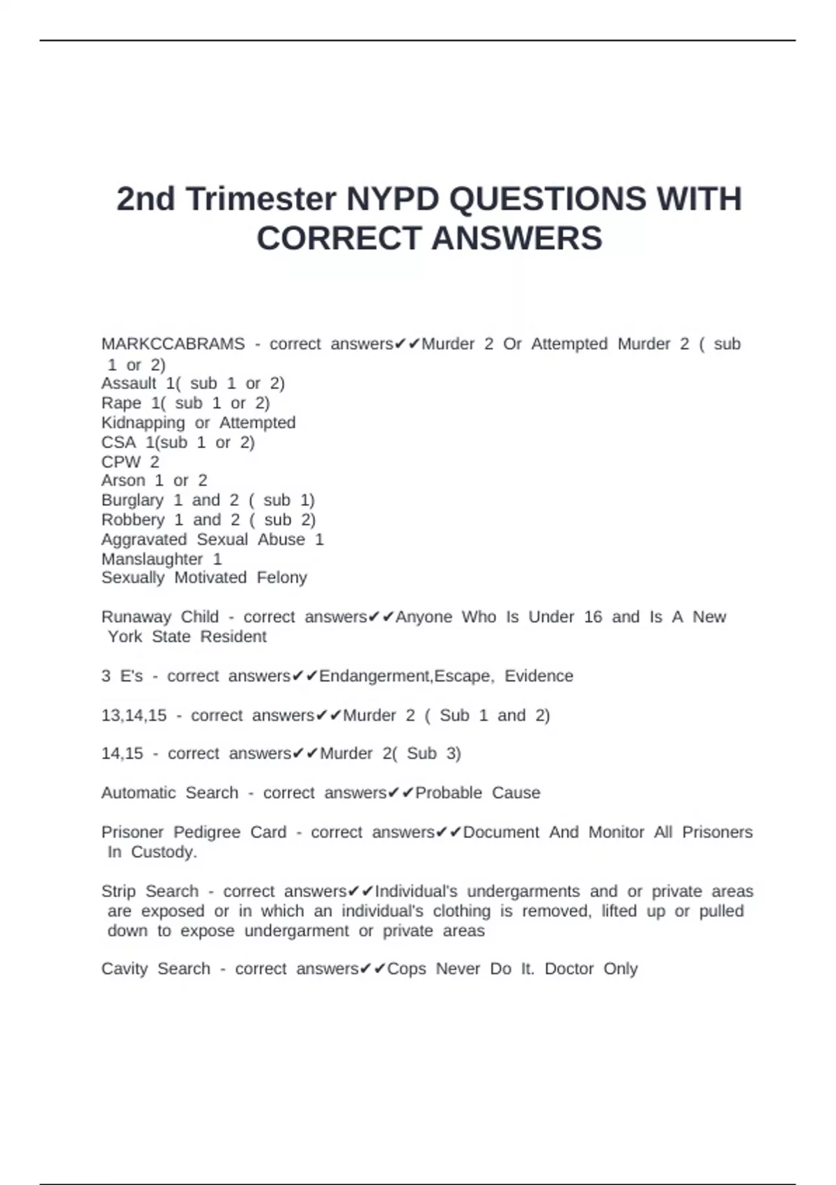 2nd Trimester NYPD QUESTIONS WITH CORRECT ANSWERS - Nypd - Stuvia US