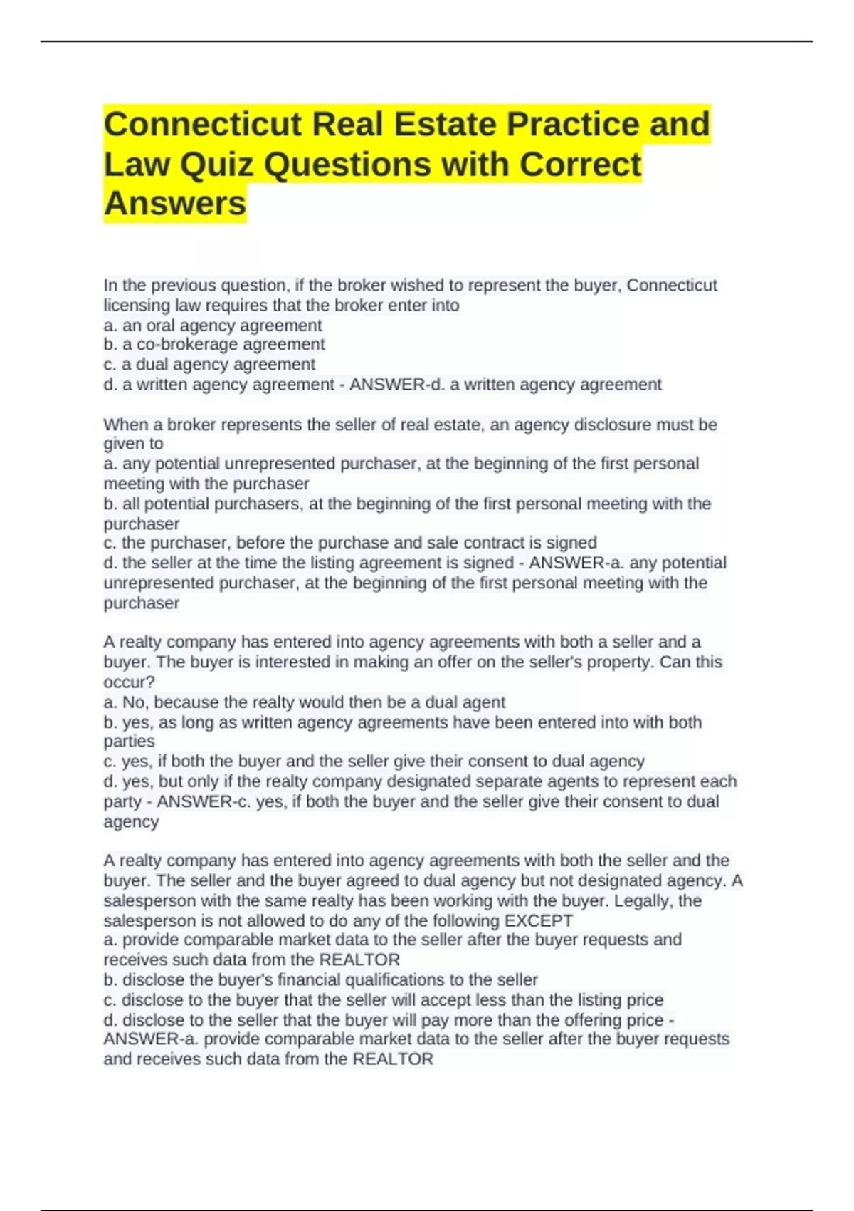 Connecticut Real Estate Practice and Law Quiz Questions with Correct ...