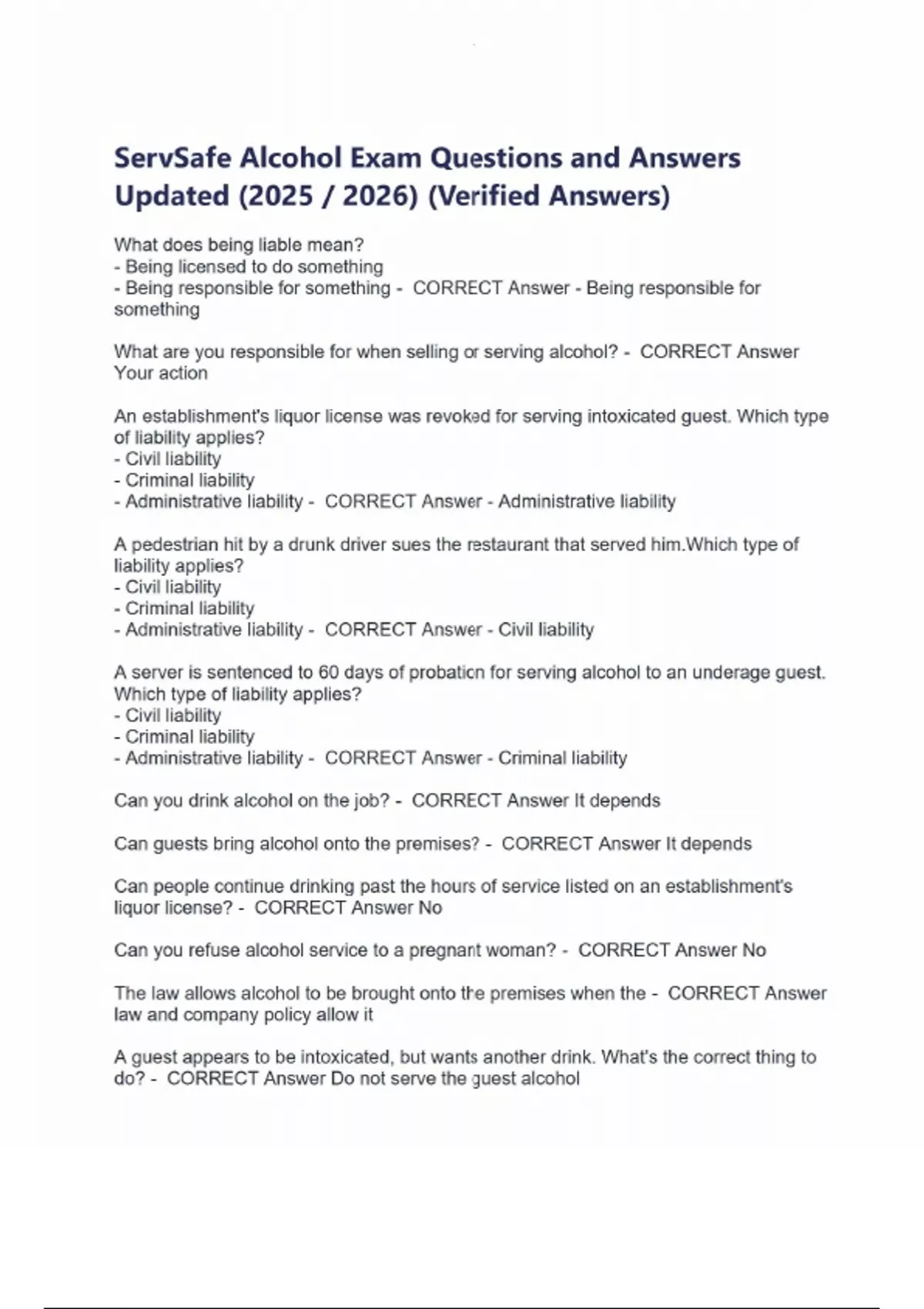 ServSafe Alcohol Exam Questions and Answers Updated (2025 / 2026 ...