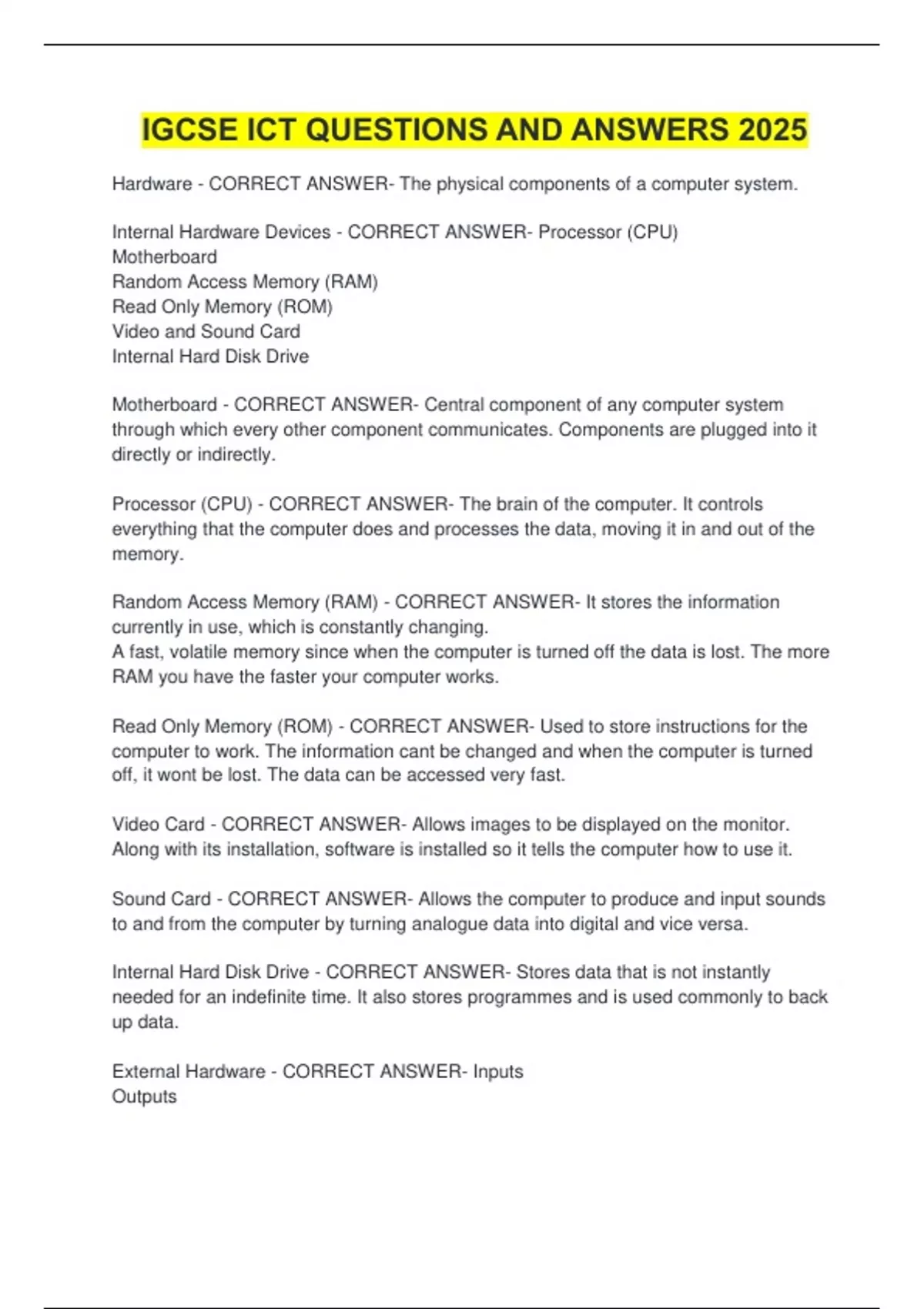 IGCSE ICT questions and answers 2025 - IGCSE ICT - Stuvia US