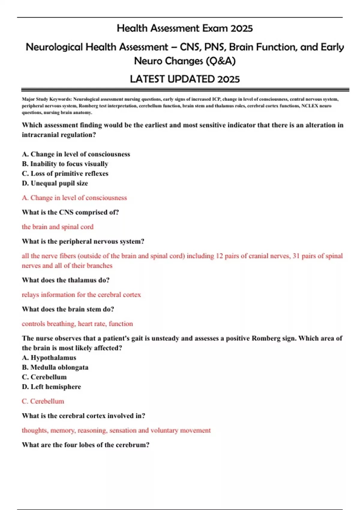 Health Assessment Exam 2025 Neurological Health Assessment – CNS, PNS ...