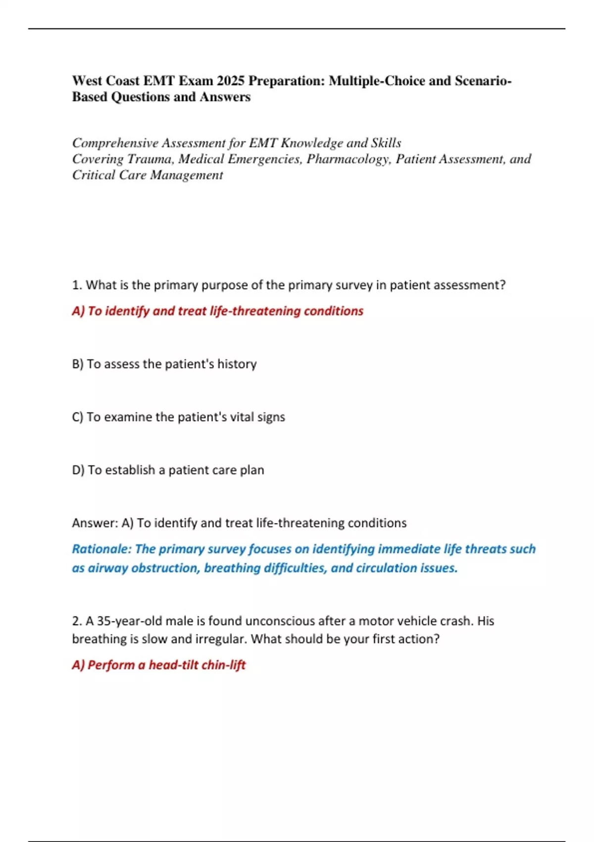 West Coast EMT Exam 2025 Preparation: Multiple-Choice and Scenario ...