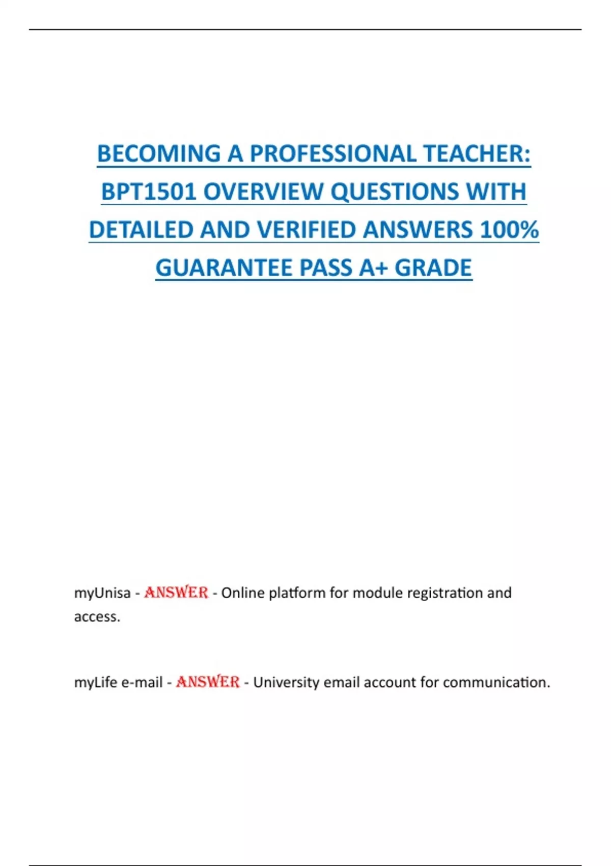 BECOMING A PROFESSIONAL TEACHER: BPT1501 OVERVIEW QUESTIONS WITH ...