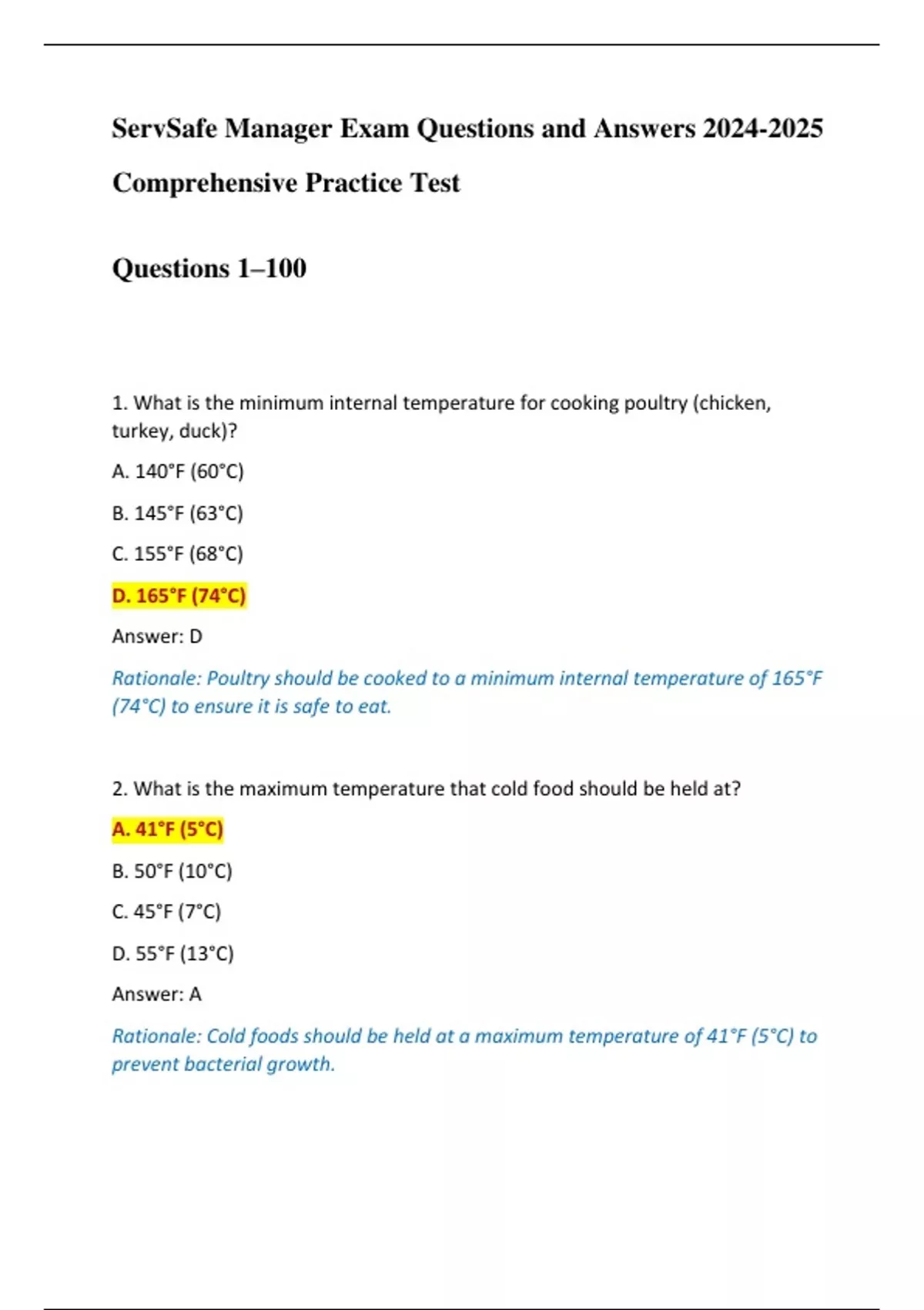 ServSafe Manager Exam Questions and Answers Comprehensive Practice Test ...
