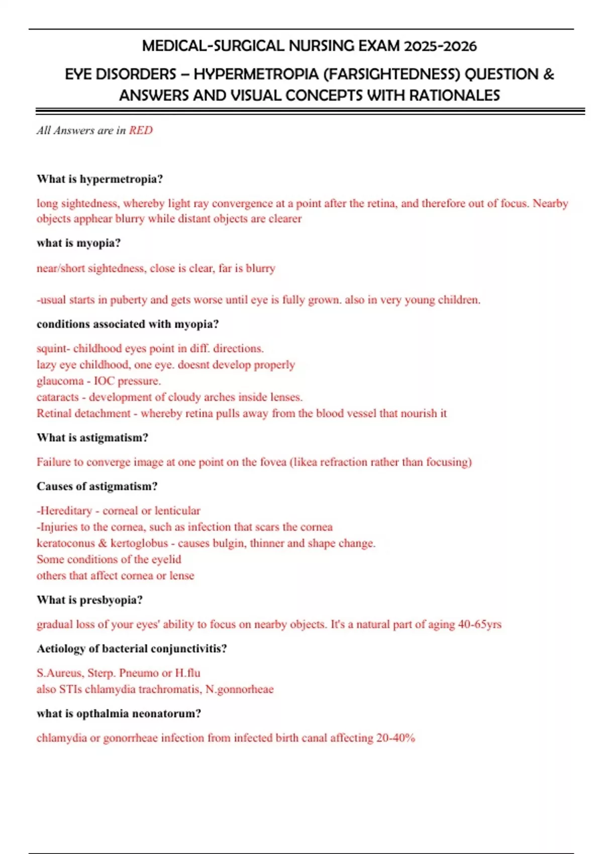 MEDICAL-SURGICAL NURSING EXAM EYE DISORDERS – HYPERMETROPIA (FARSIGHTEDNESS) QUESTION & ANSWERS ...