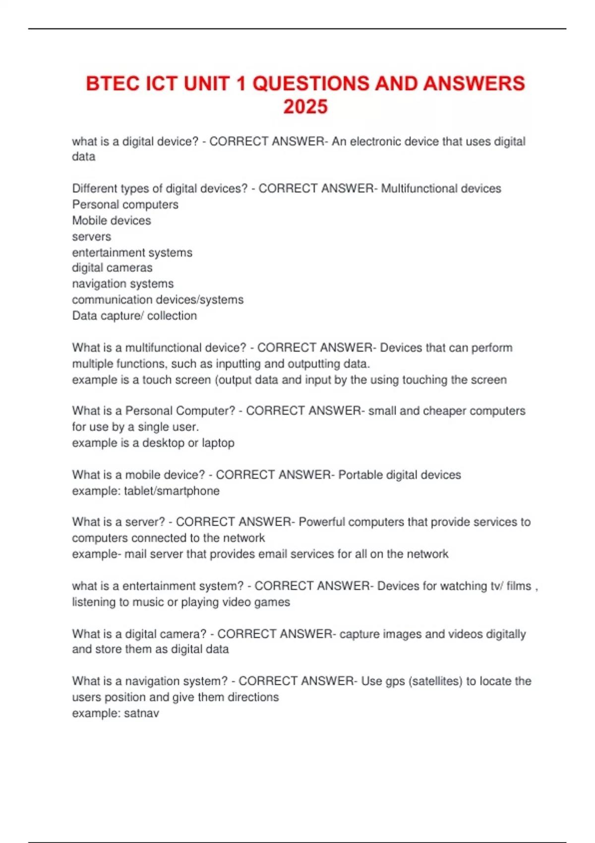 BTEC ICT Unit 1 questions and answers 2025 - BTEC ICT Unit 1 - Stuvia US