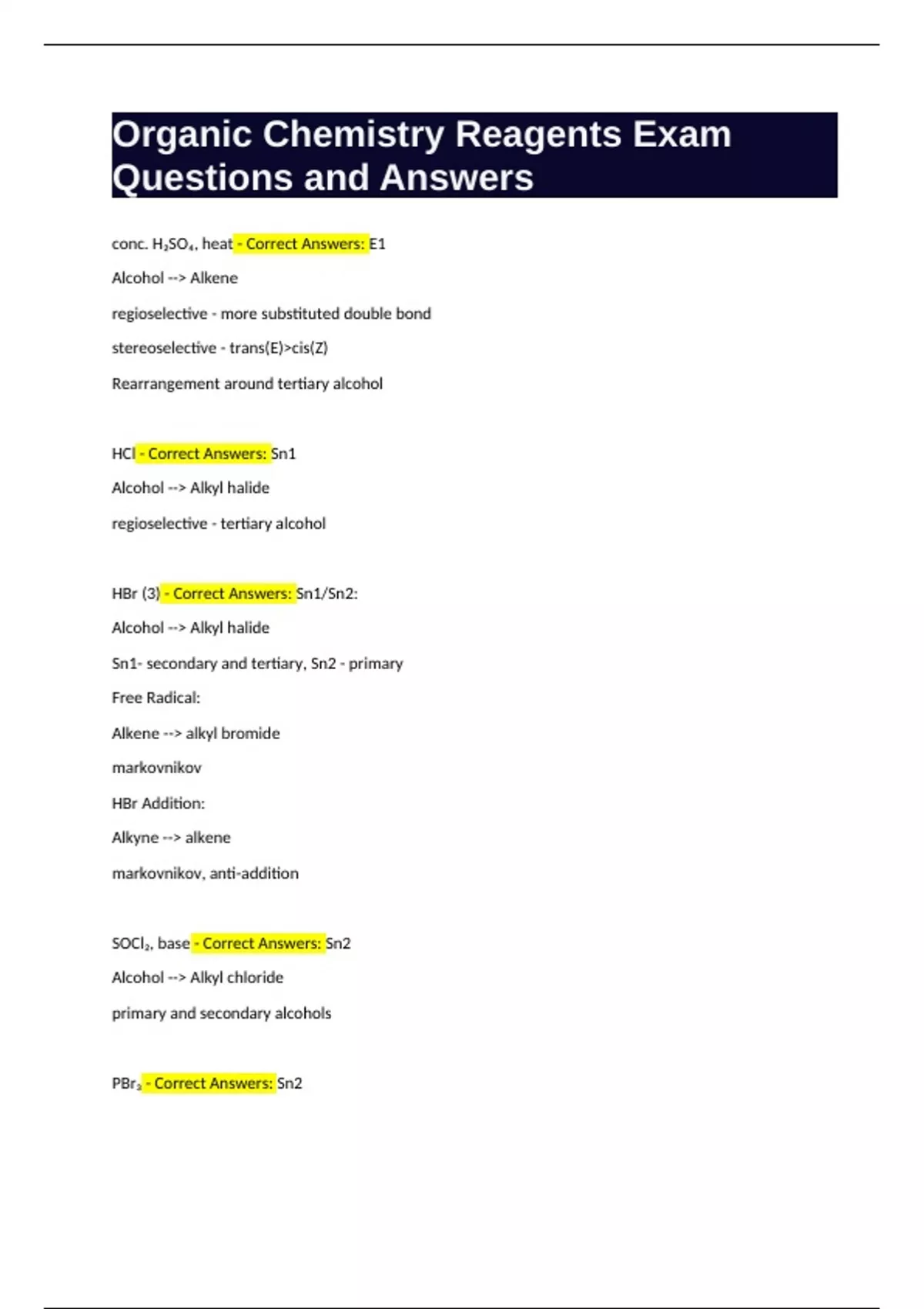 Organic Chemistry Reagents Exam Questions and Answers - Organic ...