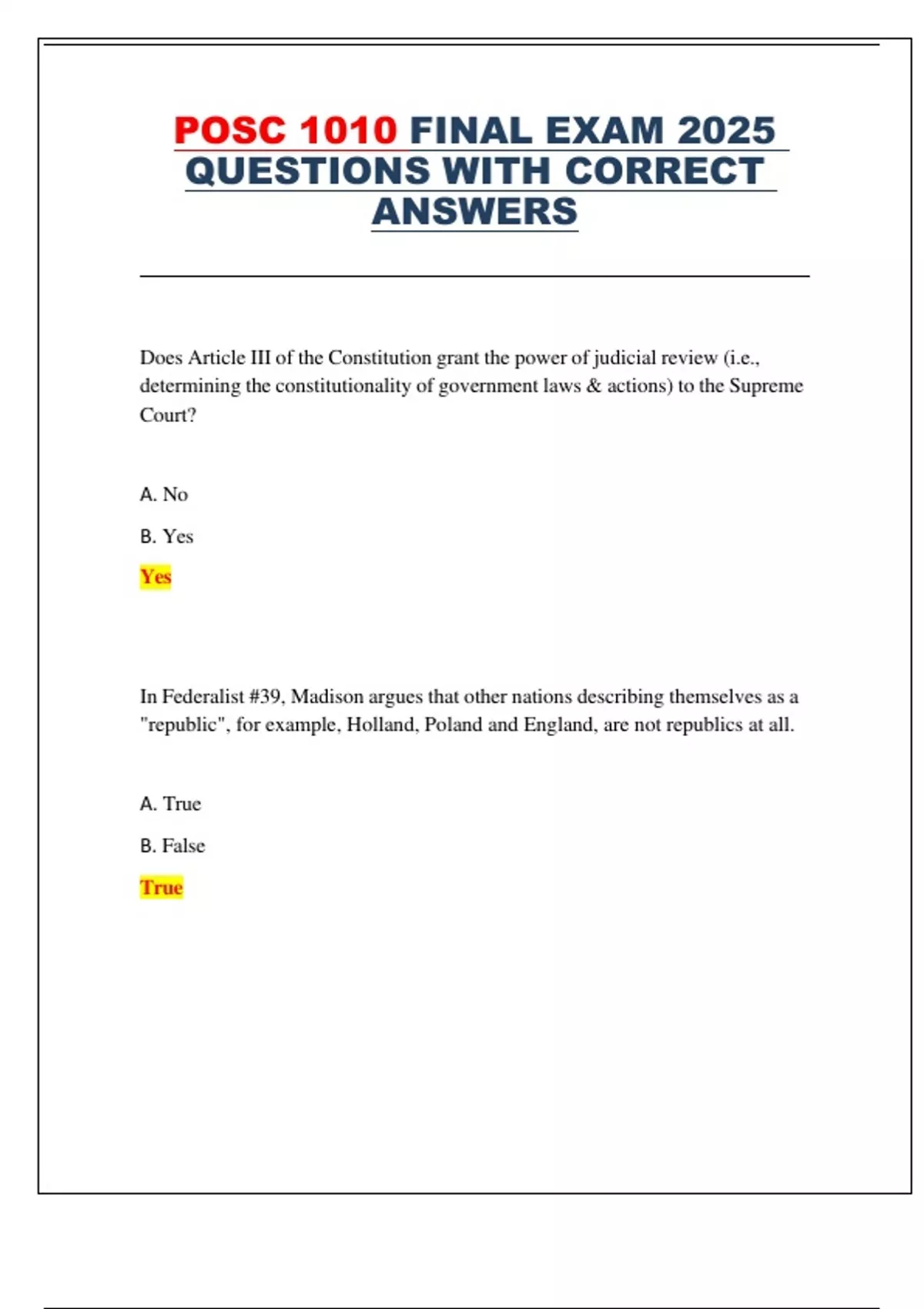 POSC 1010 – Clemson University – Final Exam 2025 – Practice Questions with Correct Answers ...