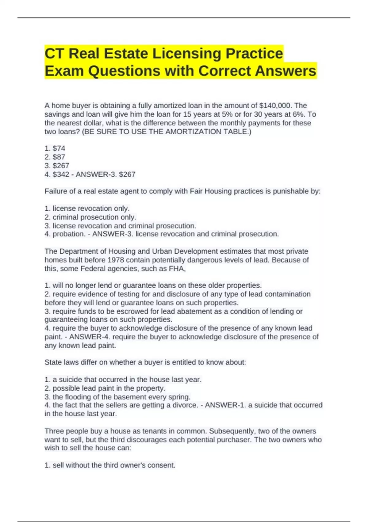 CT Real Estate Licensing Practice Exam Questions with Correct Answers ...