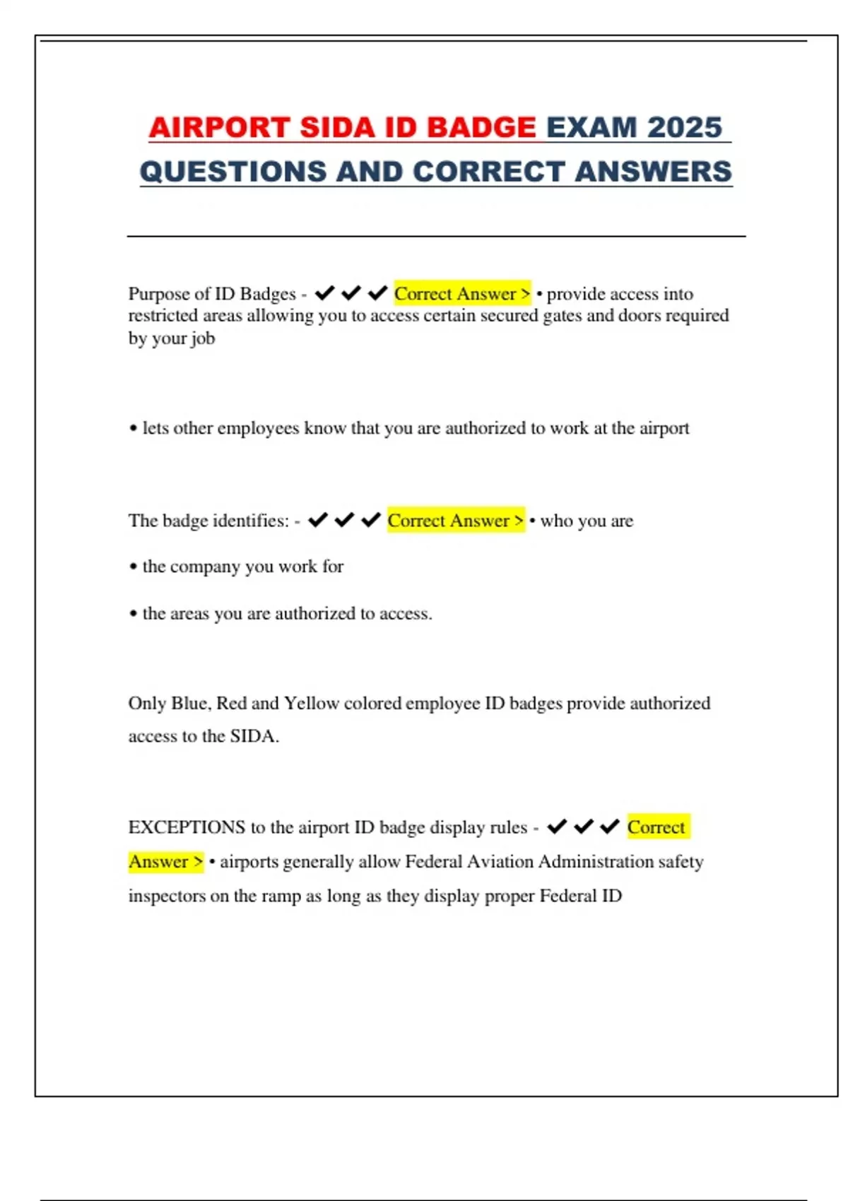 Airport SIDA ID Badge Exam 2025 – Practice Questions with Correct ...