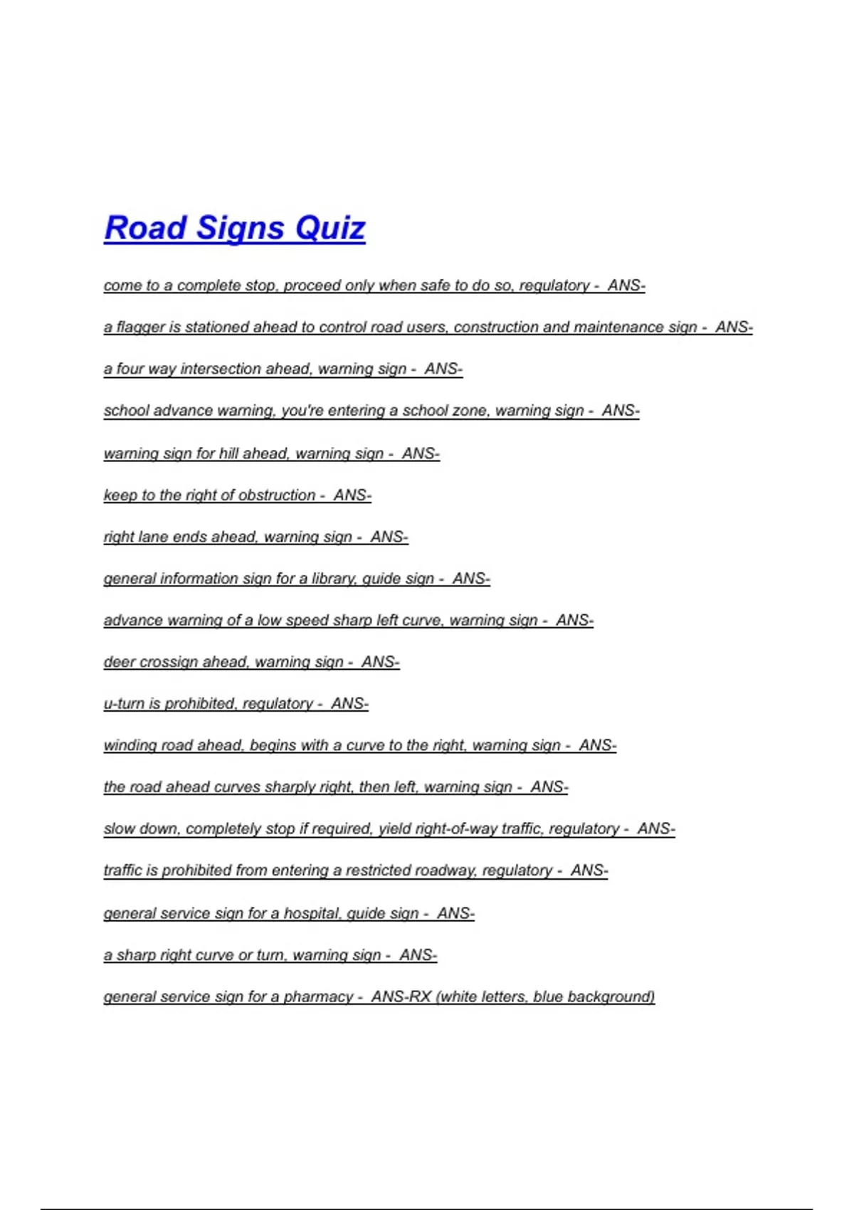 Road Signs Quiz Questions with correct Answers 2025/2026( A+ GRADED 100 ...