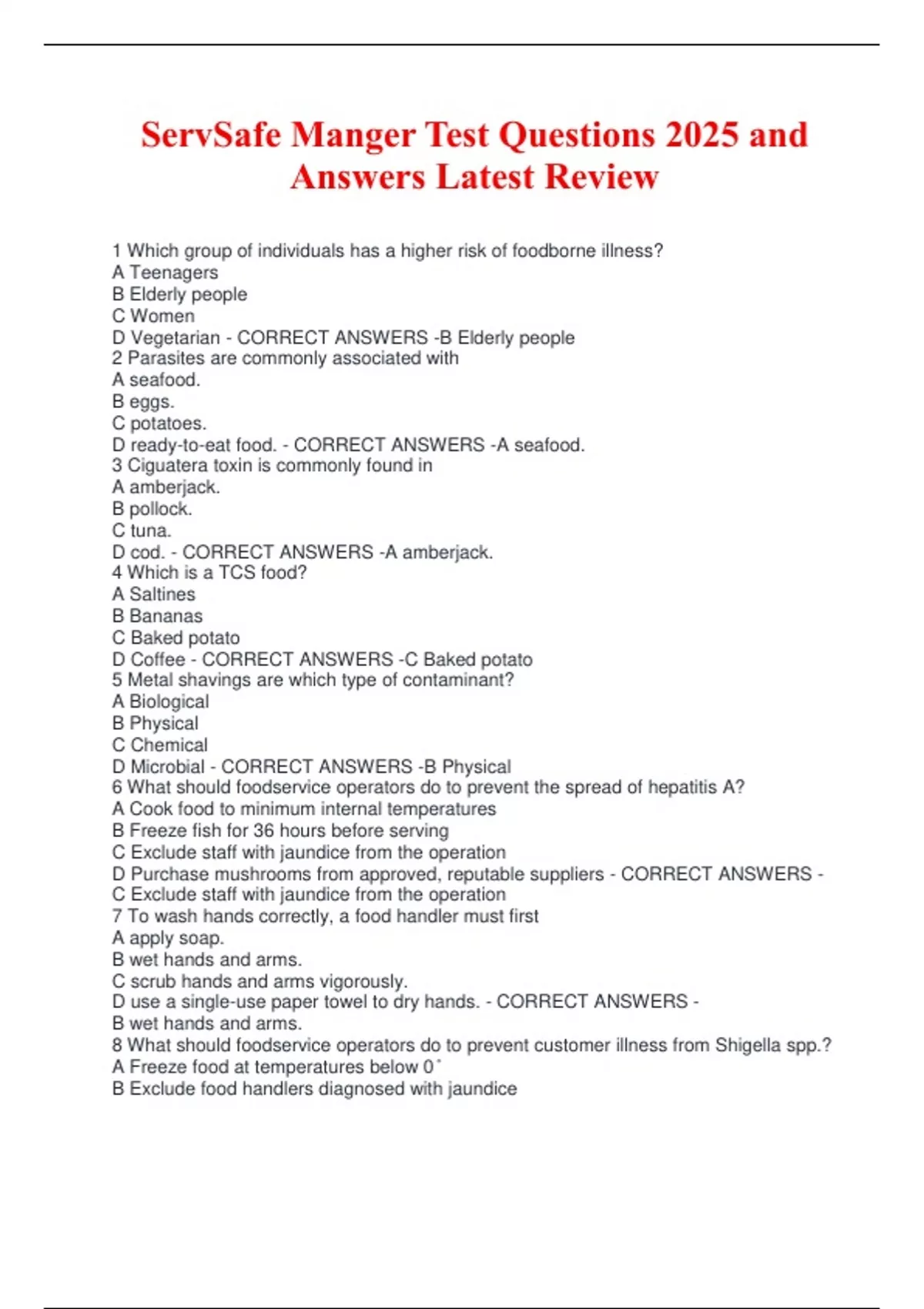 ServSafe Manger Test Questions 2025 and Answers Latest Review ...