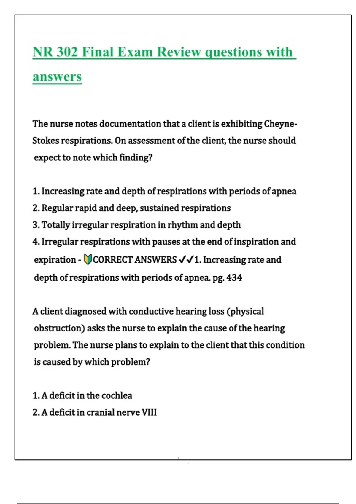 NR 302 Final Exam Review questions with answers - NUR 302 - Stuvia US
