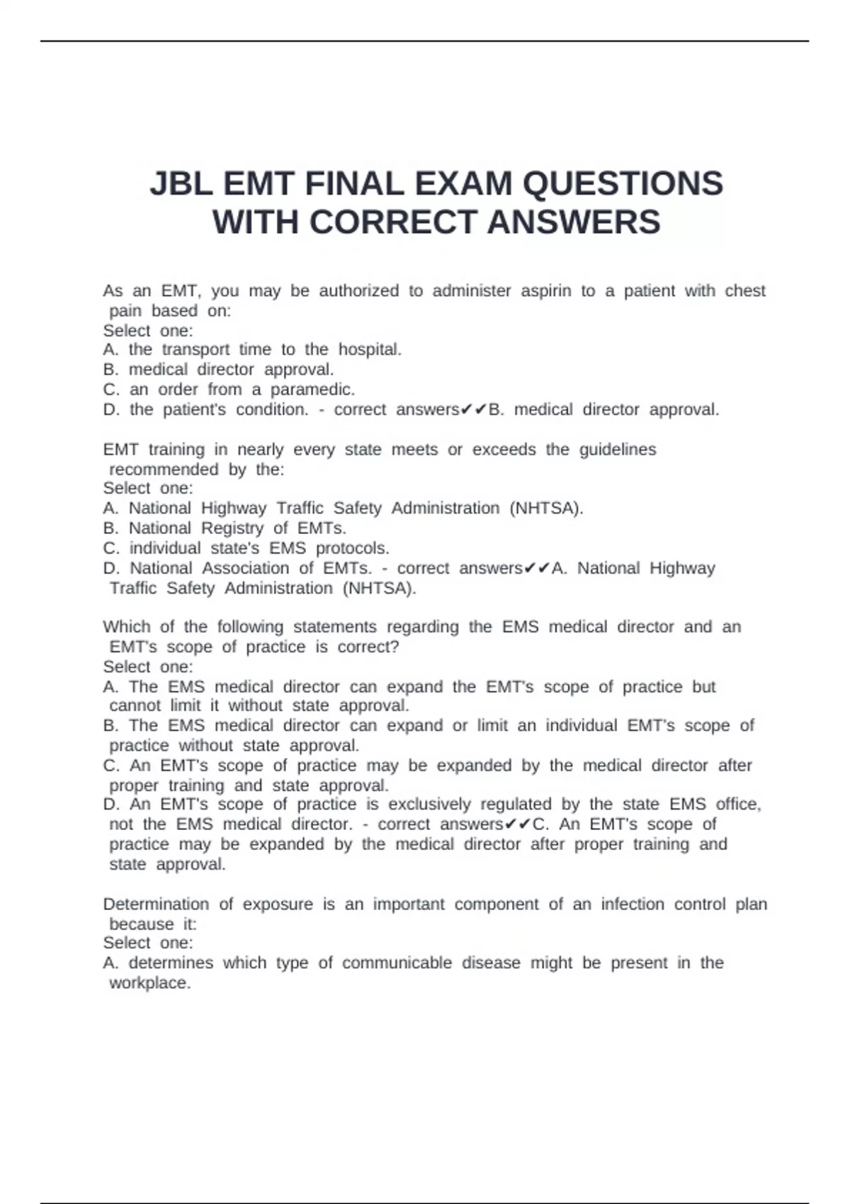 JBL EMT FINAL EXAM QUESTIONS WITH CORRECT ANSWERS - 2025 EMT JB ...