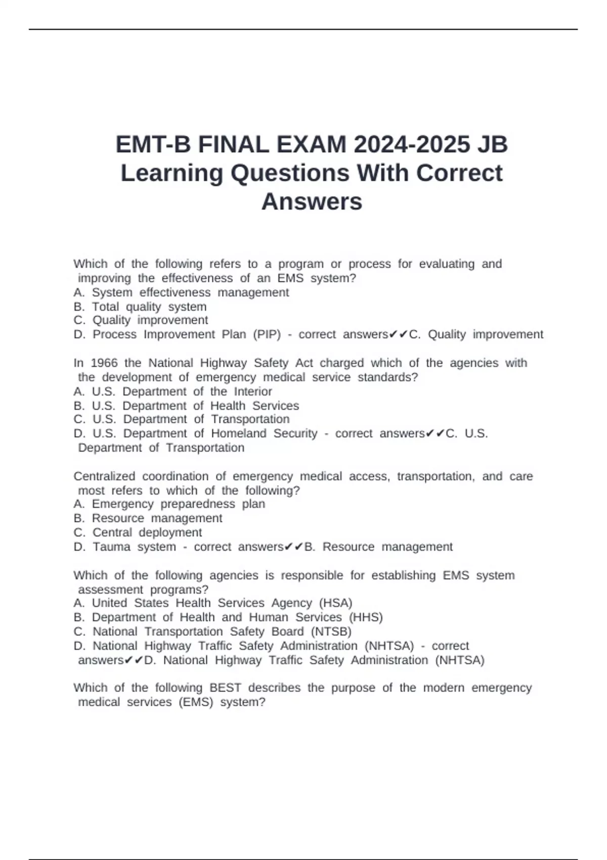 EMT-B FINAL EXAM JB Learning Questions With Correct Answers - 2025 EMT JB LEARNING - Stuvia US