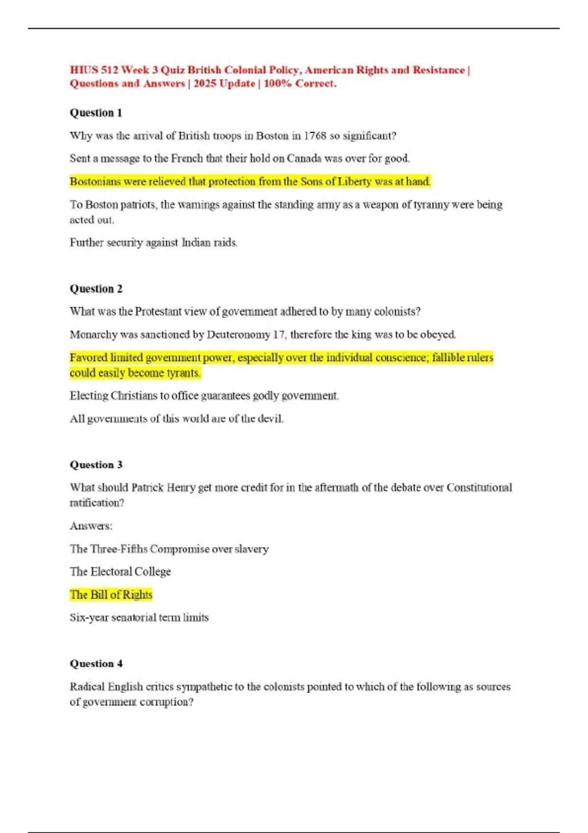 HIUS 512 Week 3 Quiz British Colonial Policy, American Rights and ...