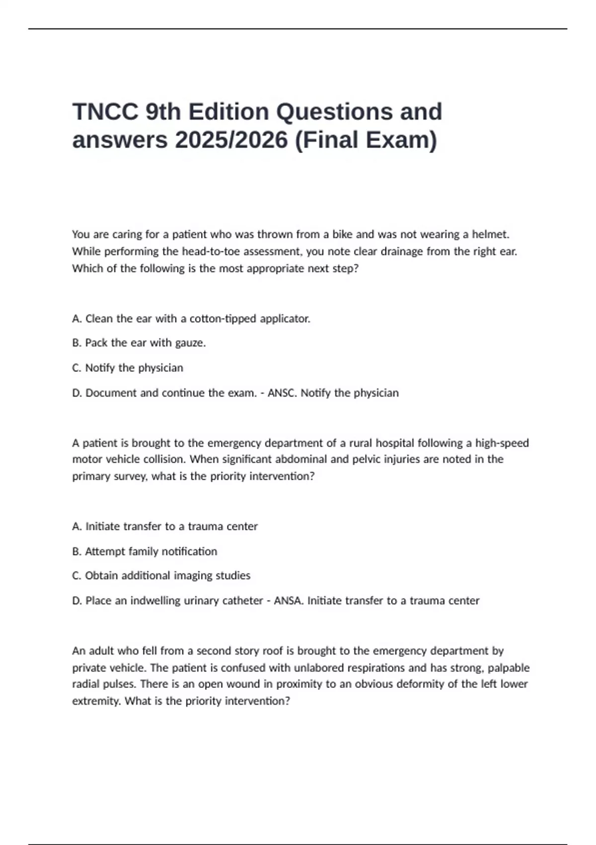 TNCC 9th Edition Questions and answers 2025/2026 (Final Exam) - TNCC ...