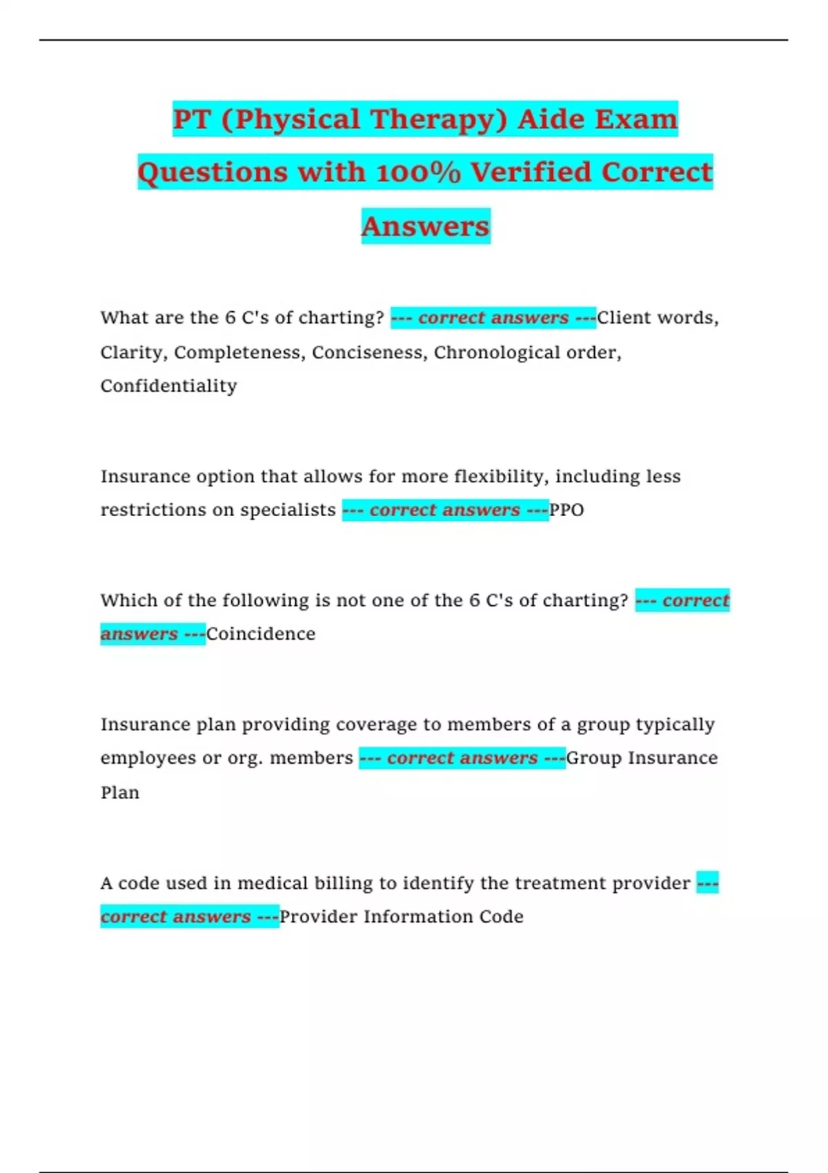 PT (Physical Therapy) Aide Exam Questions with 100% Verified Correct ...