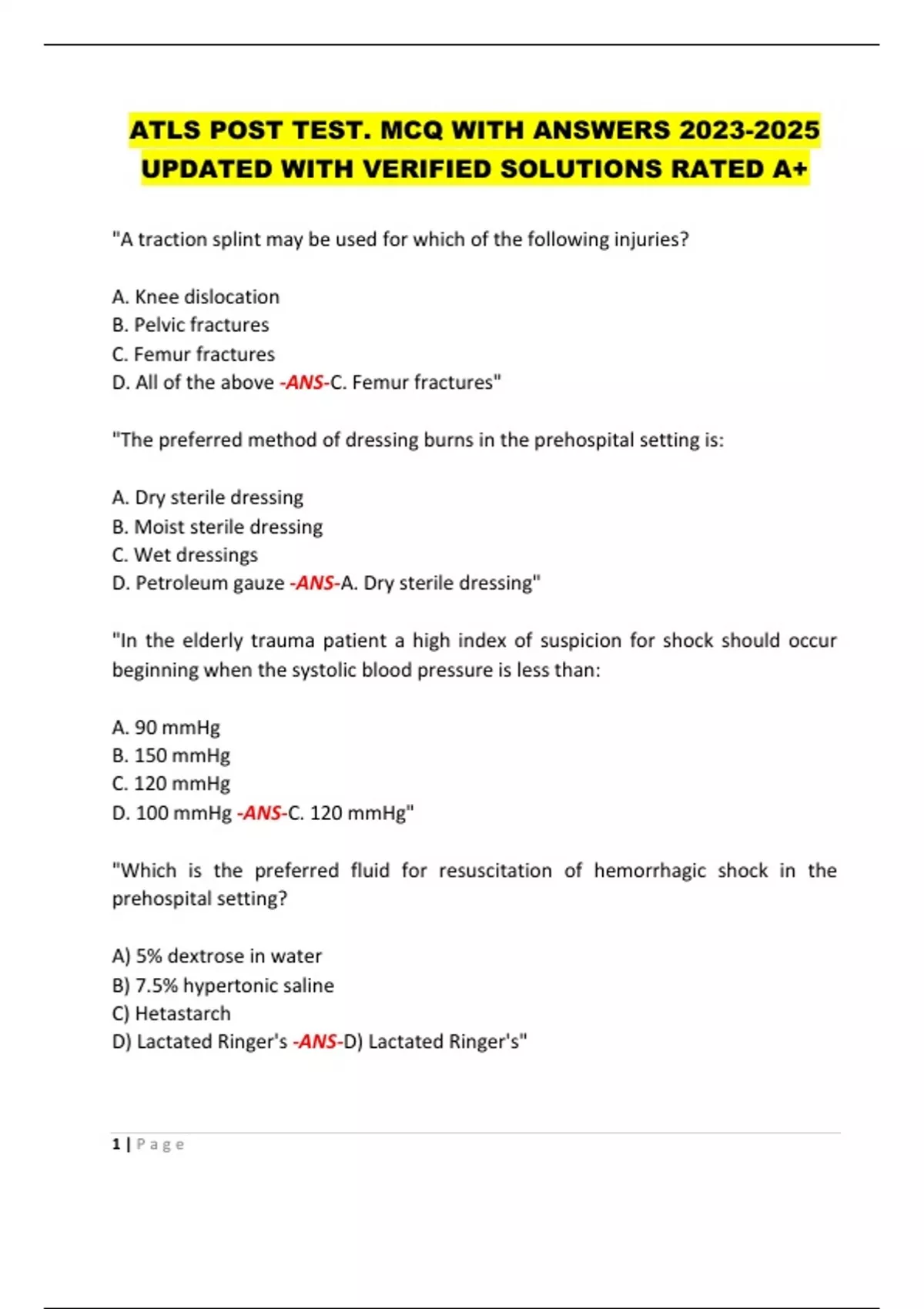 ATLS Post Test MCQ with Answers 2023–2025 – Updated with Verified ...