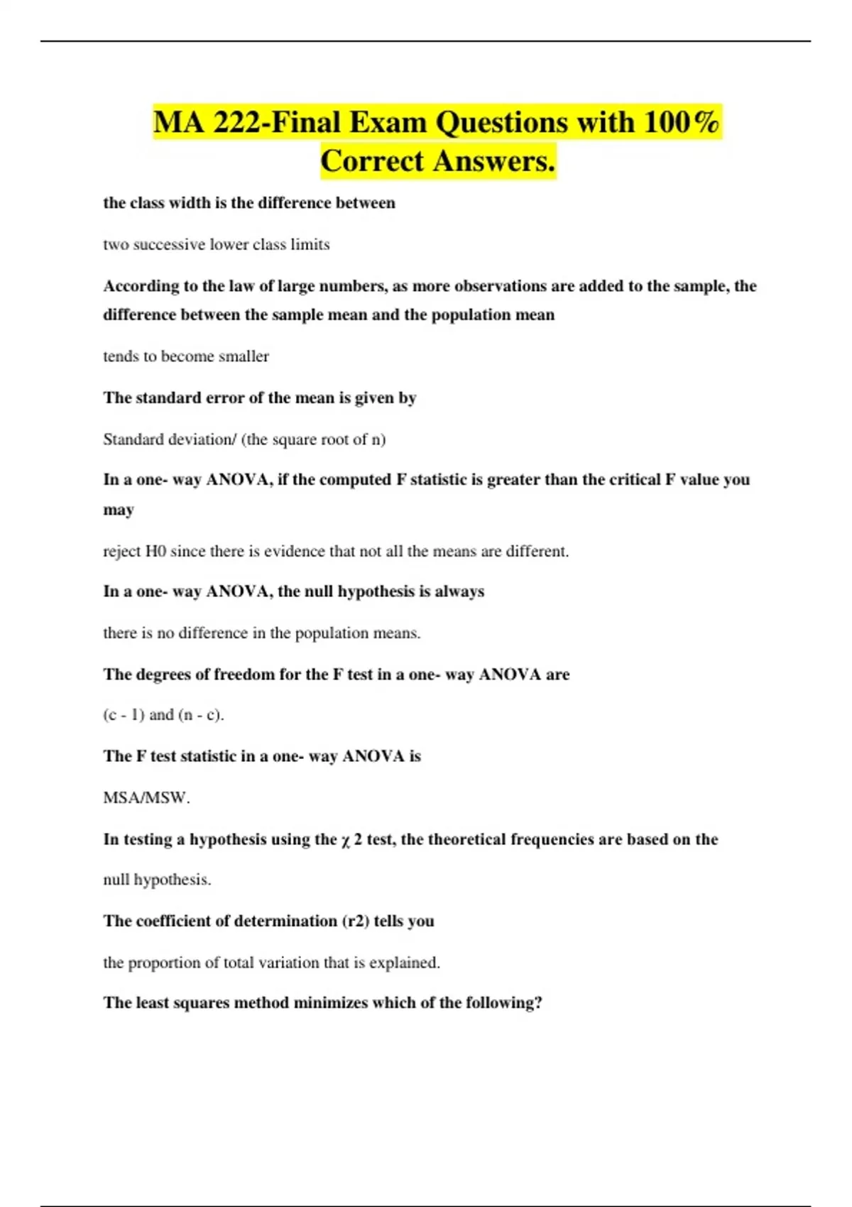 MA 222-Final Exam Questions with 100% Correct Answers. - MA 222 - Stuvia US