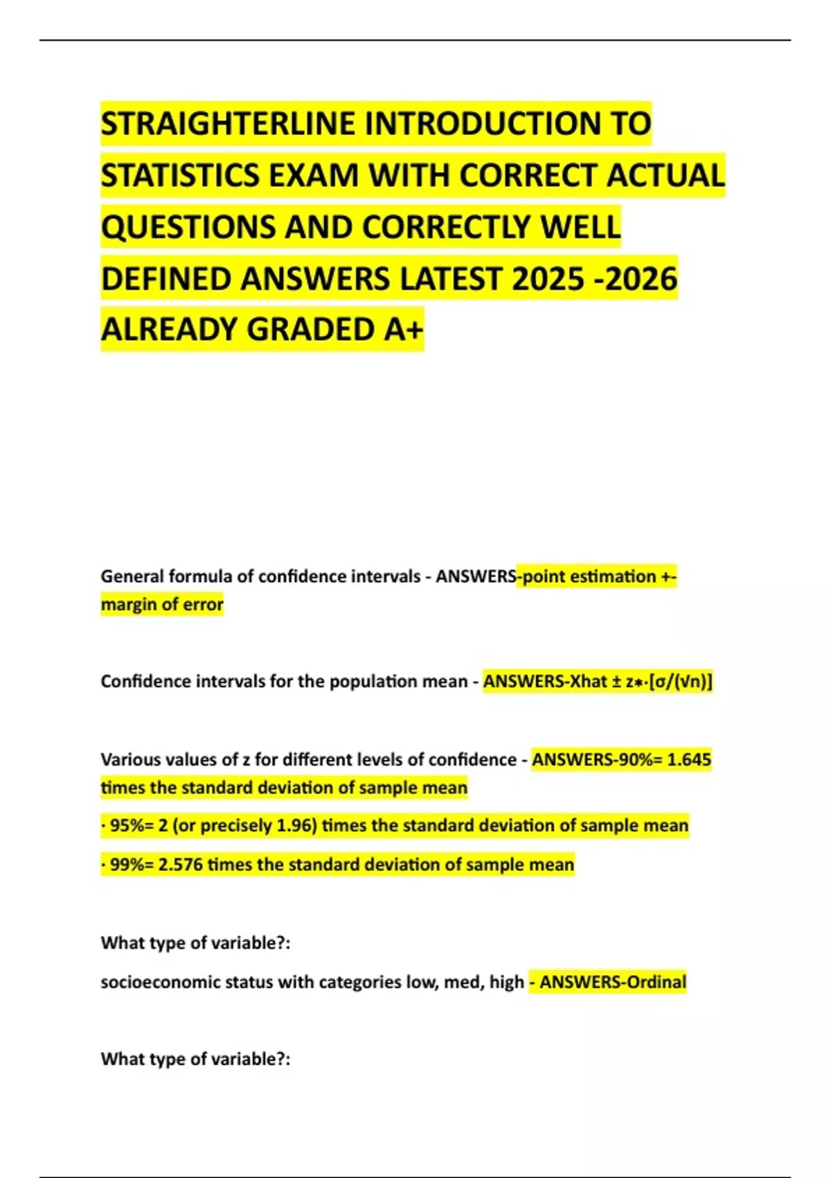 STRAIGHTERLINE INTRODUCTION TO STATISTICS EXAM WITH CORRECT ACTUAL ...