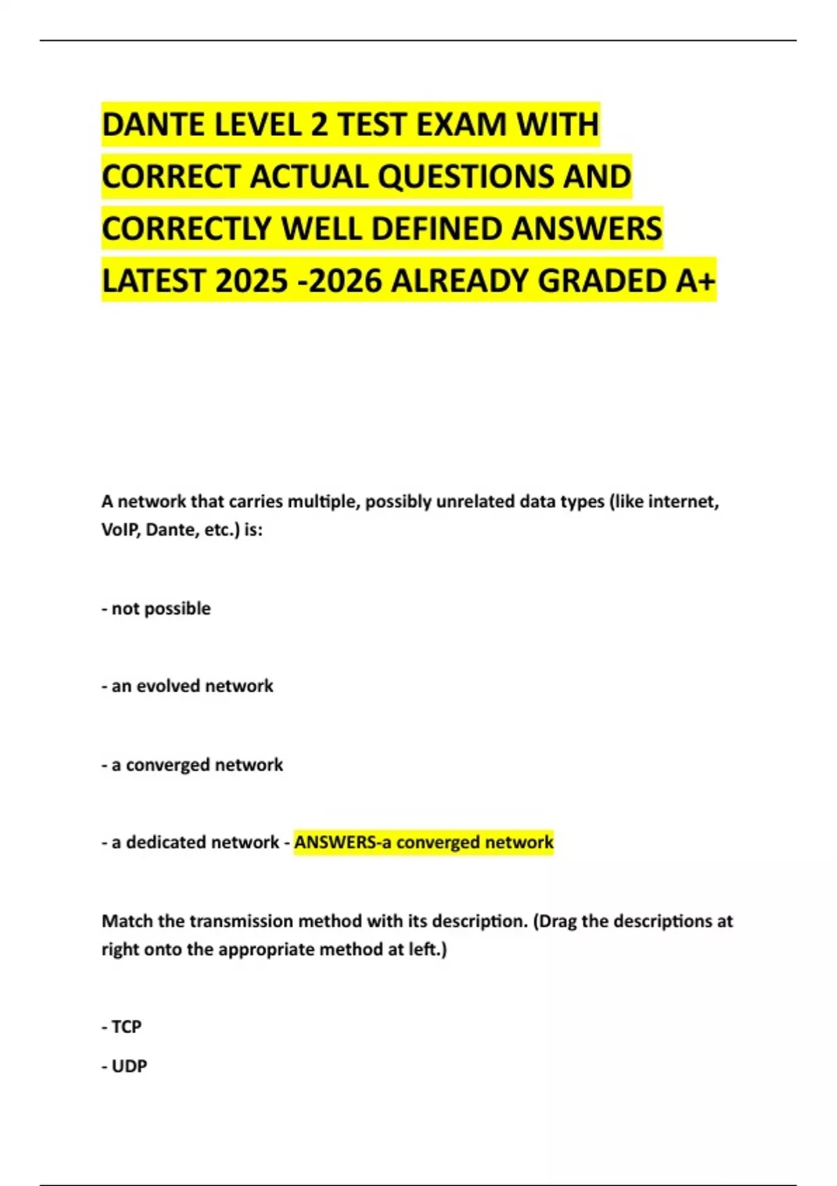 DANTE LEVEL 2 TEST EXAM WITH CORRECT ACTUAL QUESTIONS AND CORRECTLY ...