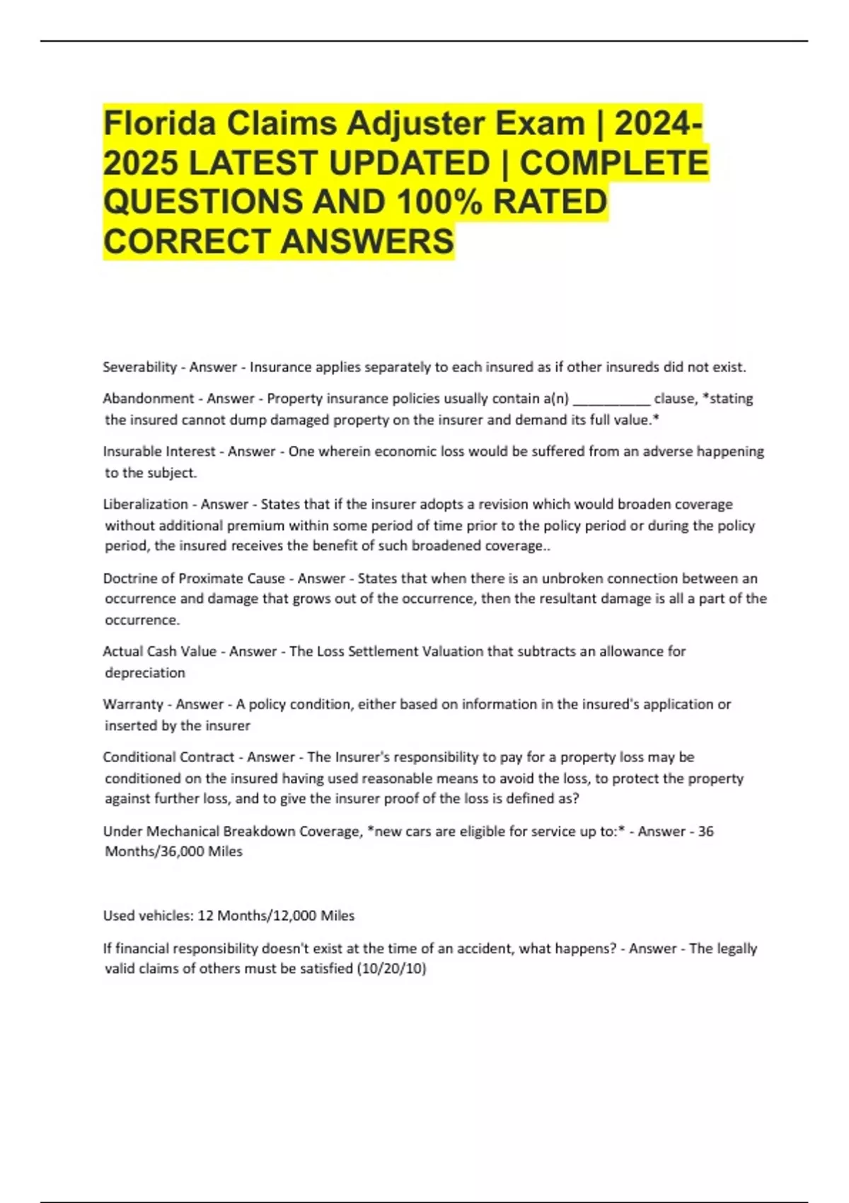 Florida Claims Adjuster Exam - FL Adjuster practice - Stuvia US