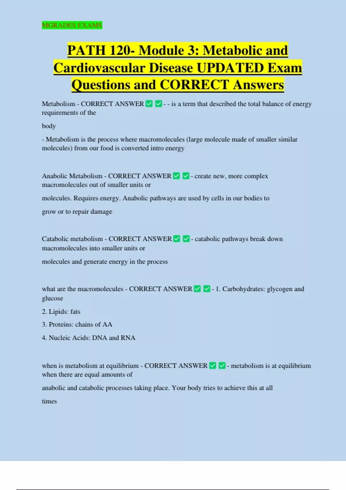PATH 120- Module 3: Metabolic and Cardiovascular Disease UPDATED Exam ...