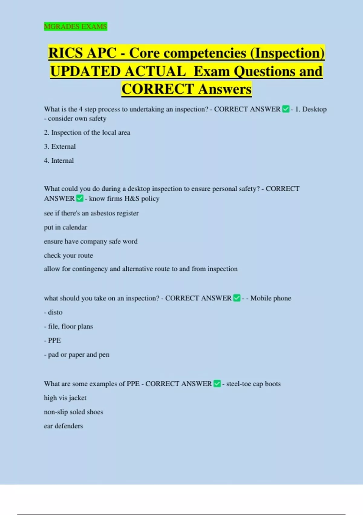 RICS APC - Core competencies (Inspection) UPDATED ACTUAL Exam Questions and CORRECT Answers ...