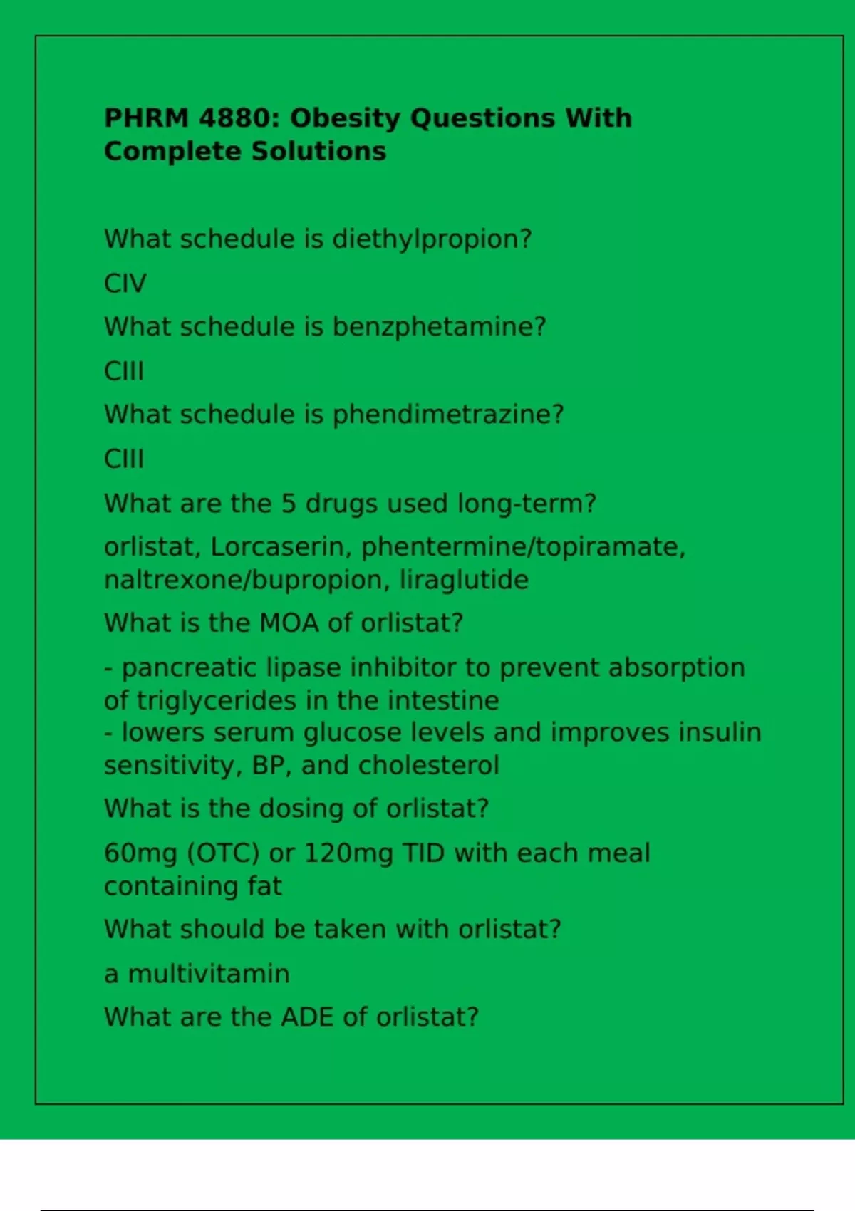 PHRM 4880: Obesity Questions With Complete Solutions - PHRM 4880 ...