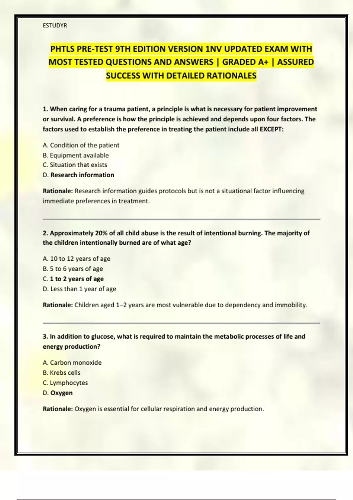 PHTLS PRE-TEST 9TH EDITION VERSION 1NV UPDATED EXAM WITH MOST TESTED ...