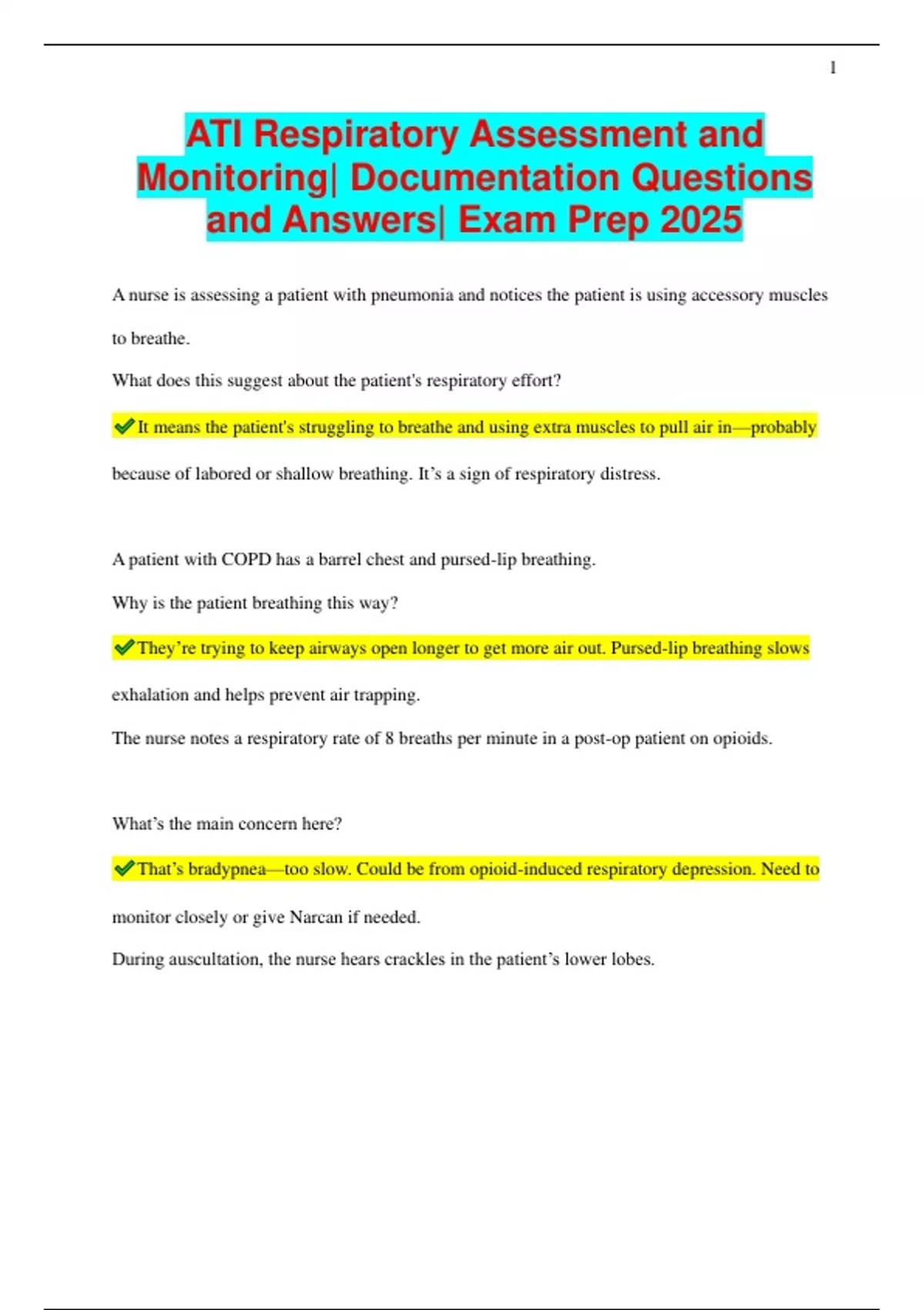 ATI Respiratory Assessment and Monitoring| Documentation Questions and ...