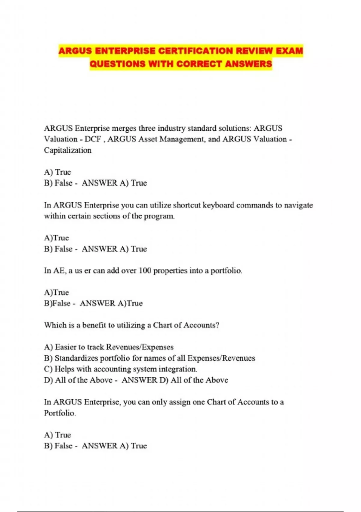 ARGUS ENTERPRISE CERTIFICATION REVIEW EXAM QUESTIONS WITH CORRECT ...