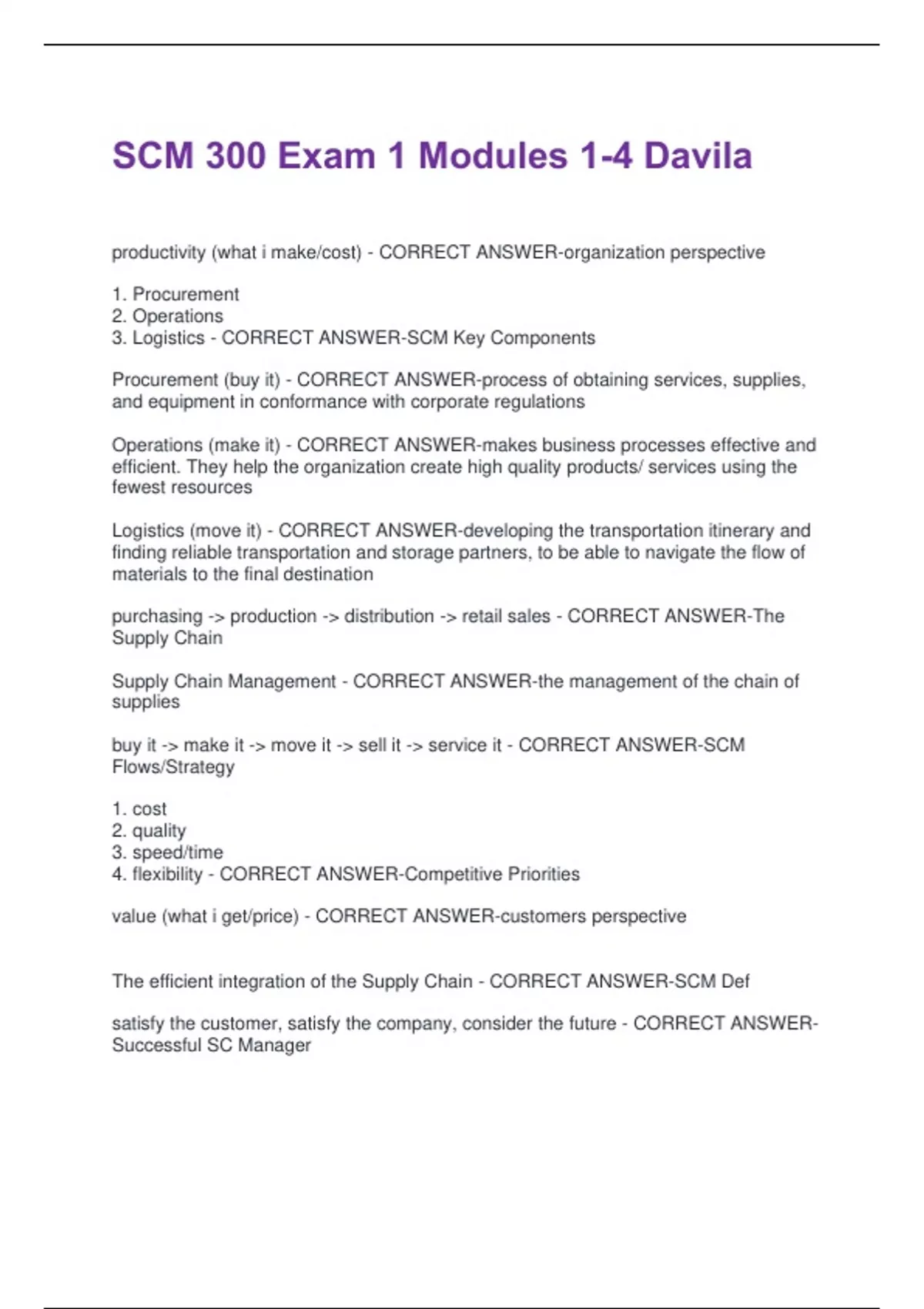 SCM 300 Exam 1 Modules 1-4 Davila | Questions and Answers | 2025 Update | 100% Correct. - SCM ...
