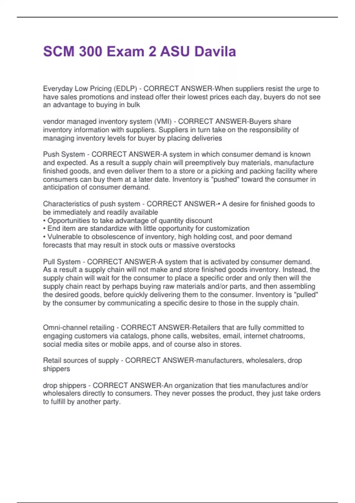 SCM 300 Exam 2 ASU Davila | Questions and Answers | 2025 Update | 100% ...