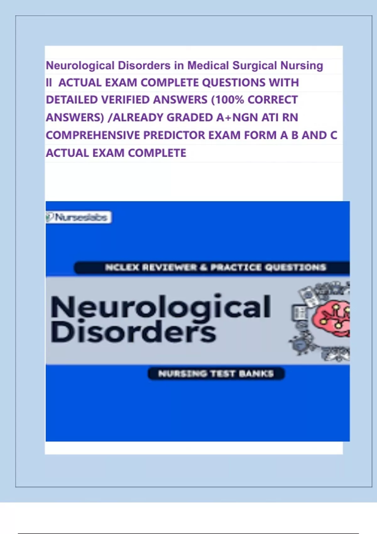 Neurological Disorders in Medical Surgical Nursing II ACTUAL EXAM ...