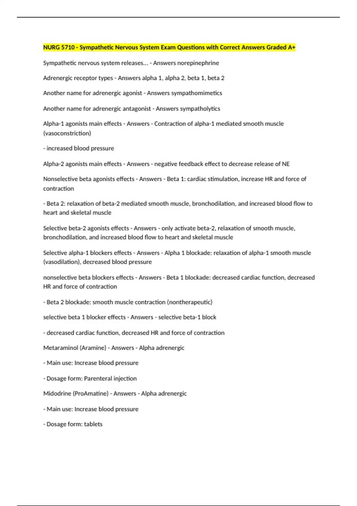 NURG 5710 - Sympathetic Nervous System Exam Questions with Correct Answers Graded A+ - NURG 5710 ...