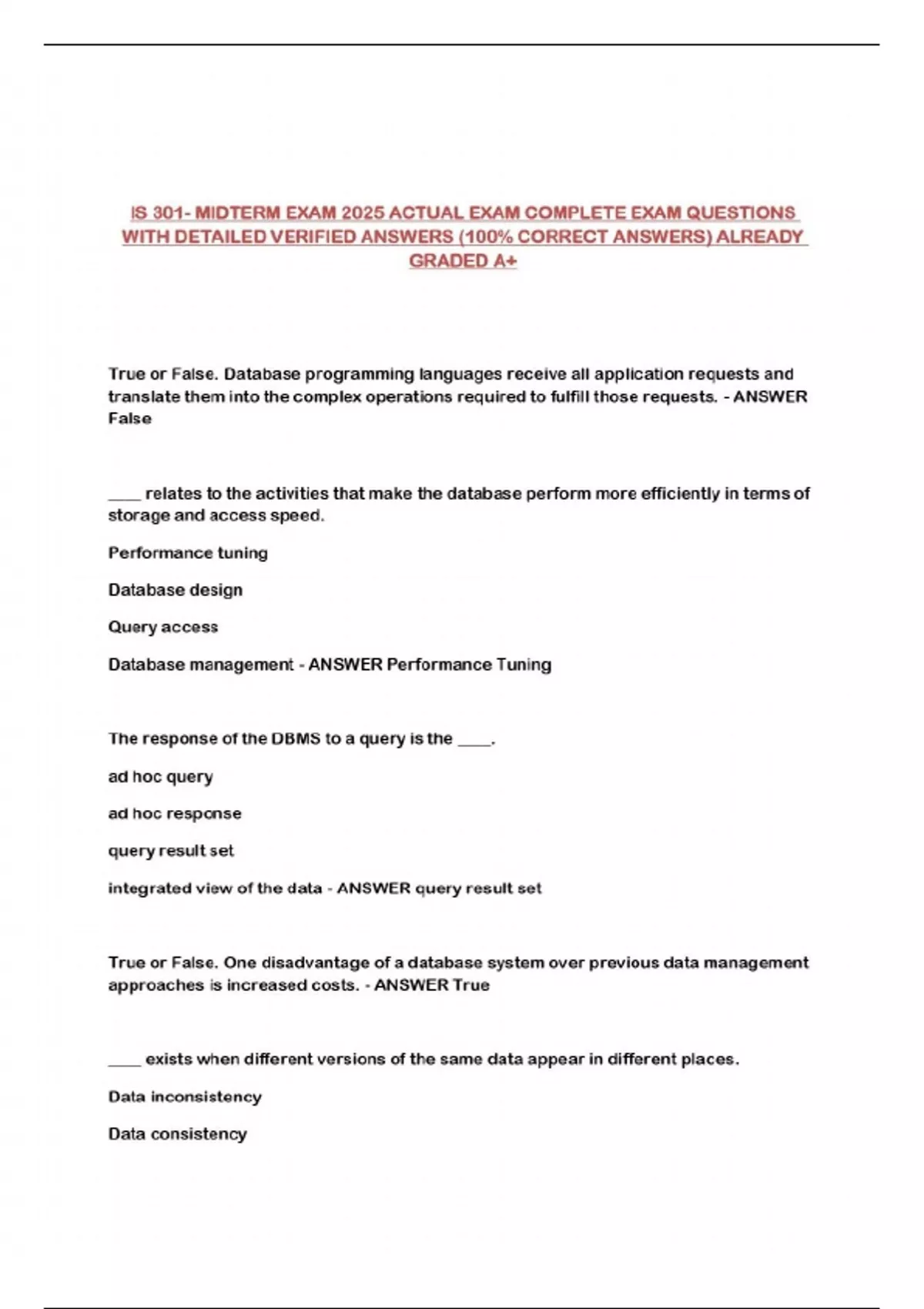 IS 301- MIDTERM EXAM 2025 ACTUAL EXAM COMPLETE EXAM QUESTIONS WITH DETAILED VERIFIED ANSWERS ...