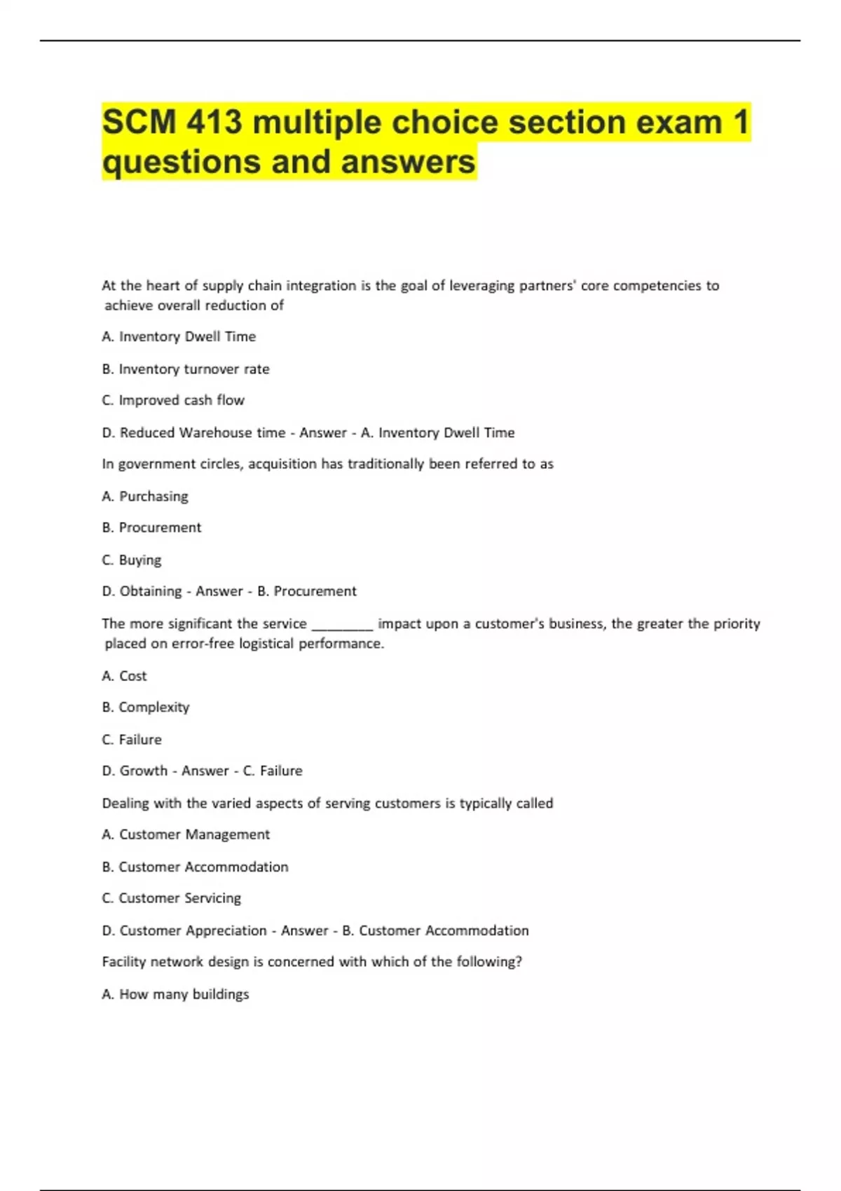 SCM 413 multiple choice section exam 1 - Thompson: Chapter 1 Test ...
